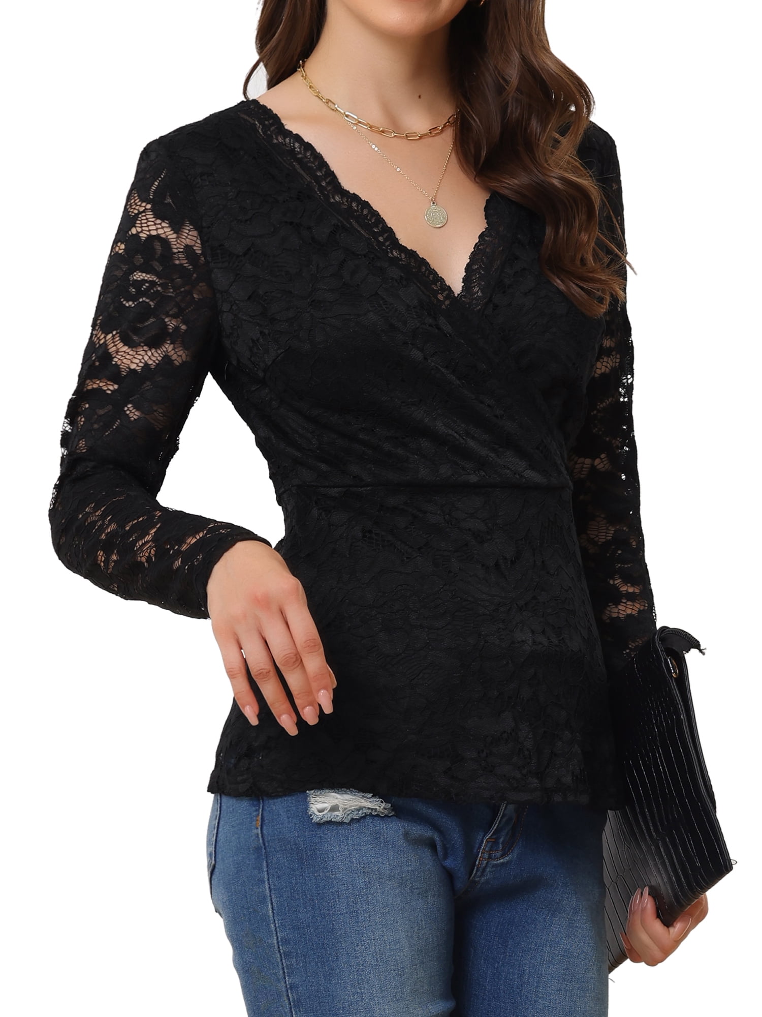 Allegra K Lace Tops for Women's Casual Deep V Neck Long Sleeve Floral ...