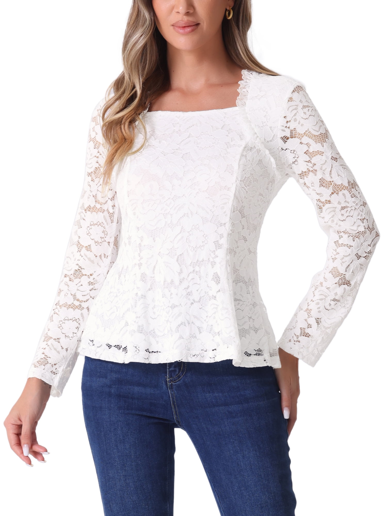 Lace Tops for Women Square Neck Long Sleeve Stertch Elegant Casual ...