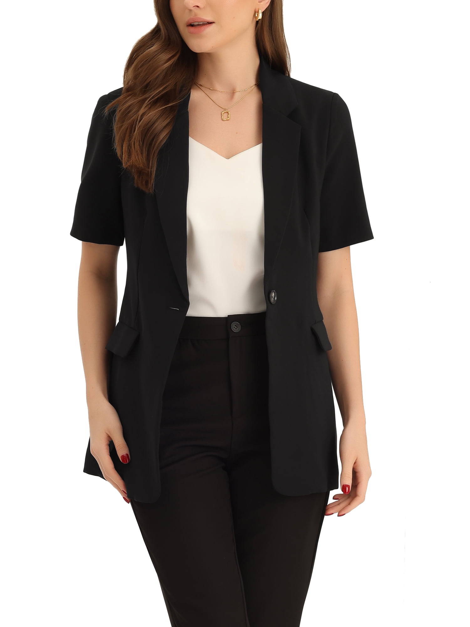Allegra K Lapel Blazer for Women Short Sleeve Button Down Open Front ...