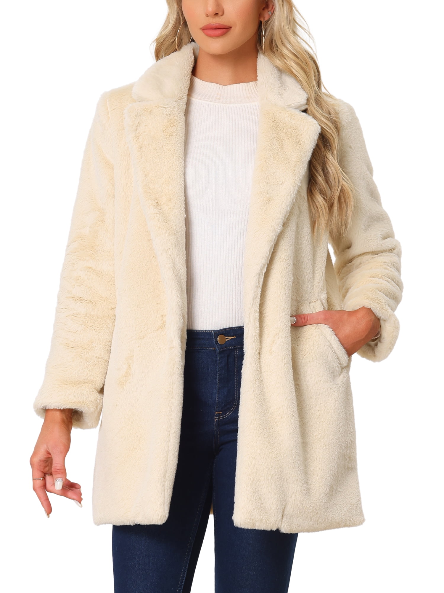 Allegra K Lapel Faux Fur Coat for Women's Fuzzy Winter Warm Jacket Overcoat with Pockets ...