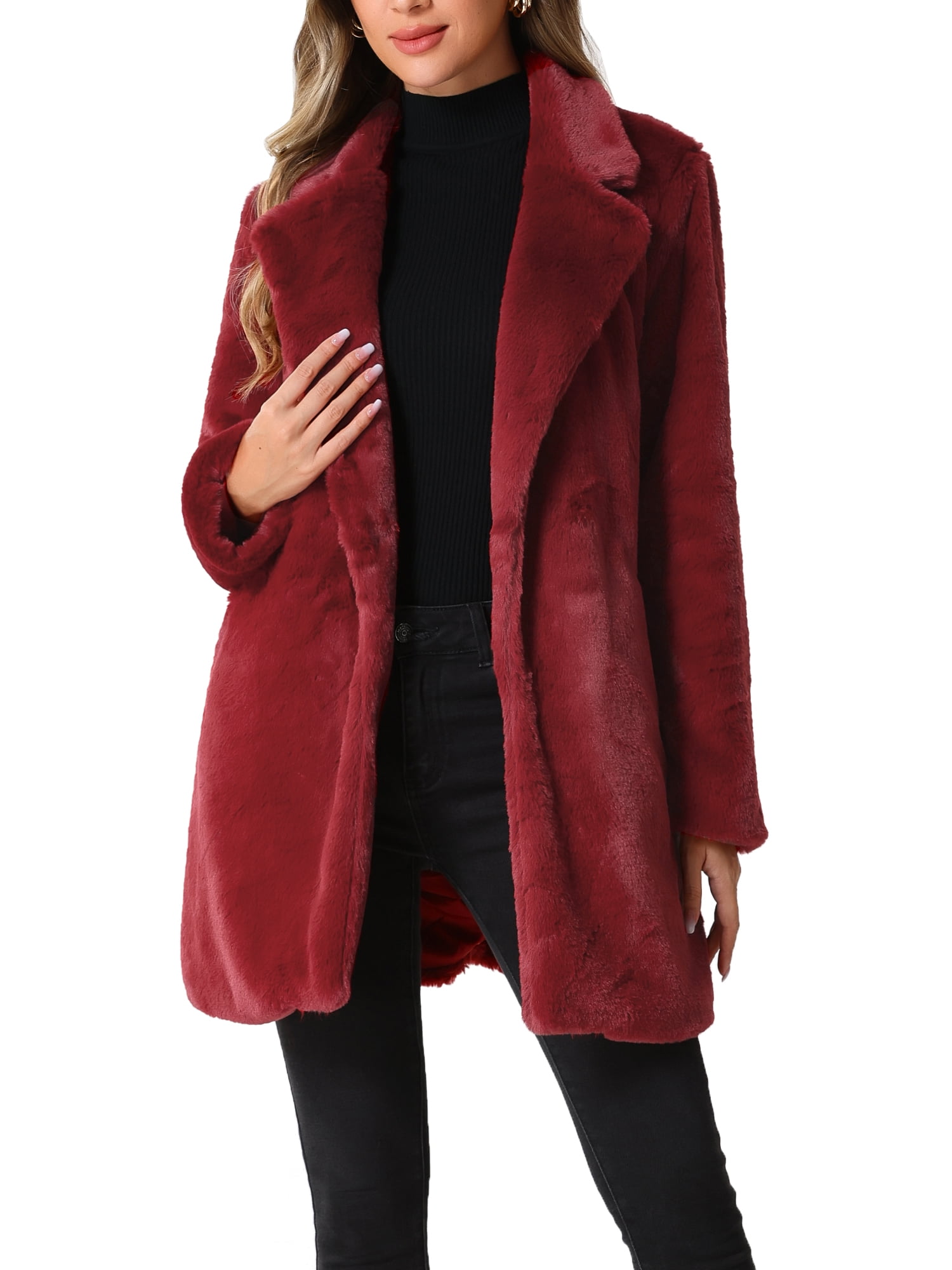 INSPIRE CHIC Lapel Faux Fur Coat for Women's Fuzzy Winter Warm Jacket Overcoat with Pockets L ...