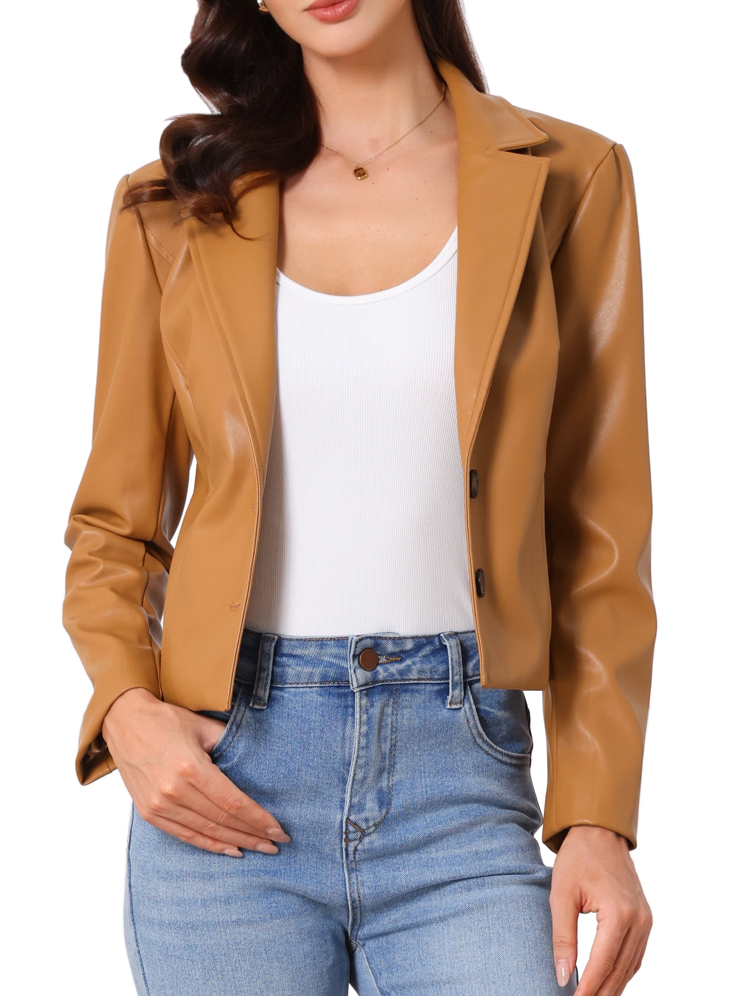 INSPIRE CHIC Women's Jacket Leather Blazer Long Sleeve Notched Lapel ...