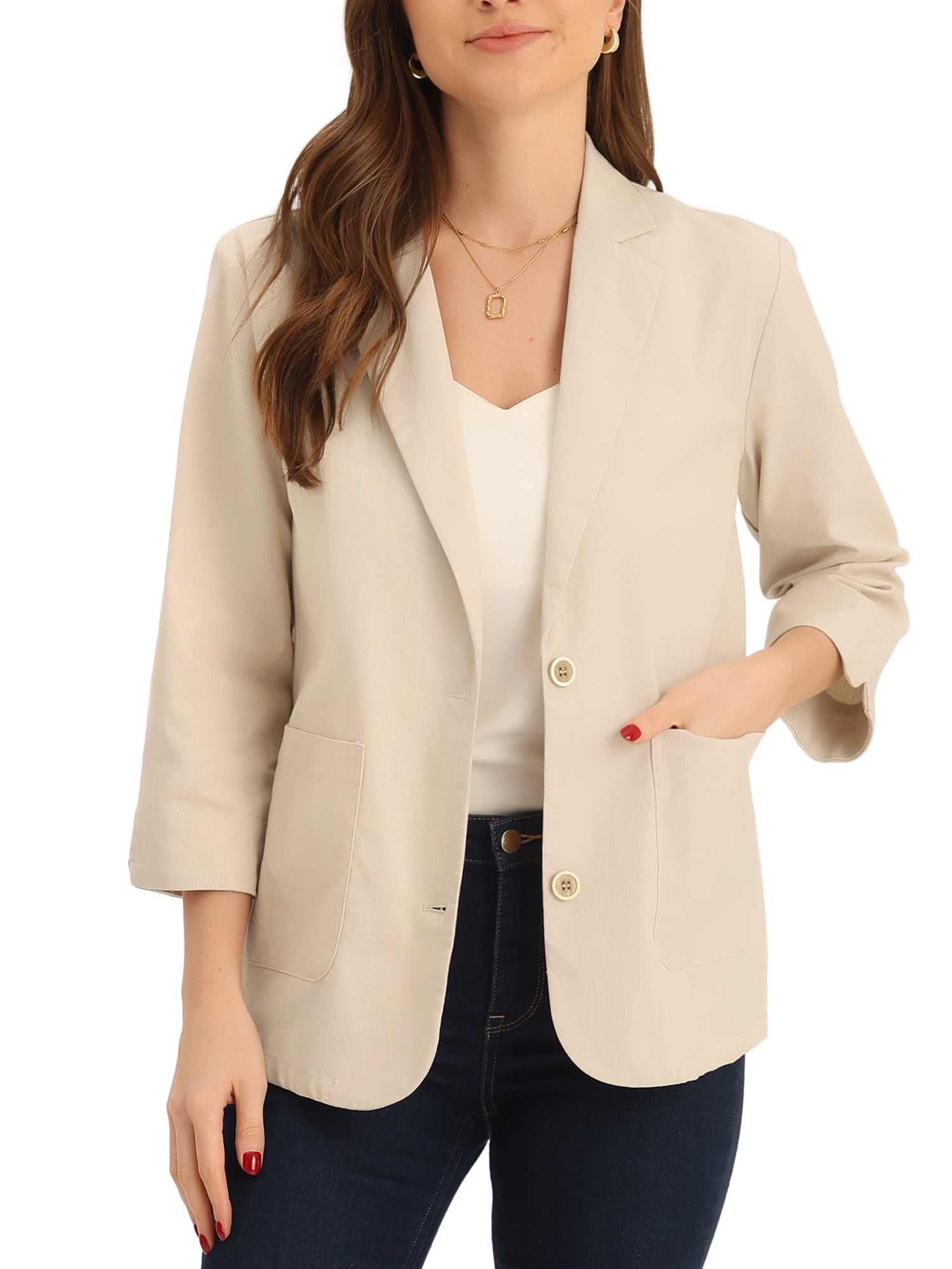 INSPIRE CHIC Linen Blazer for Women's Notched Lapel Collar 3/4 Sleeve ...