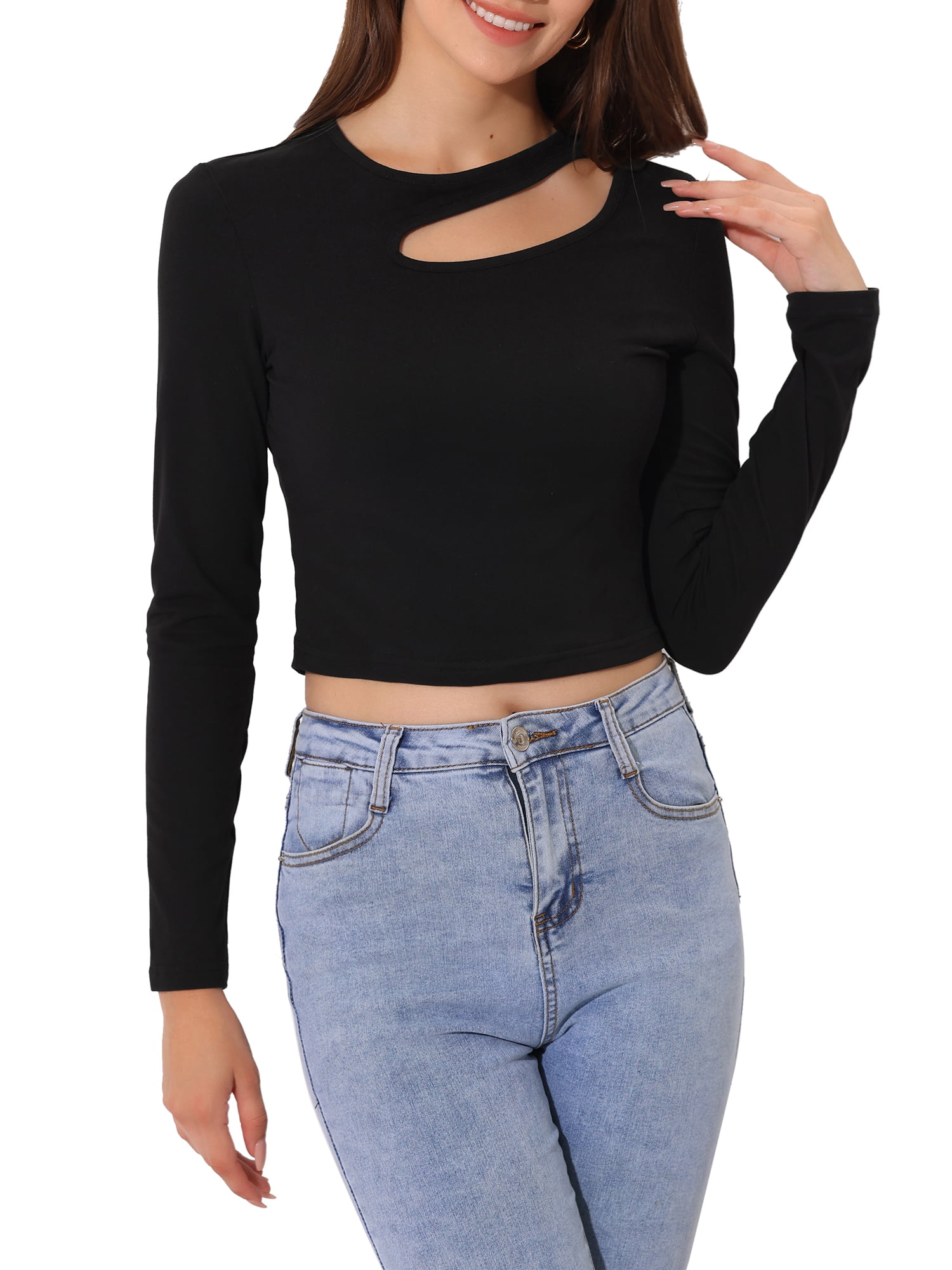 Allegra K Long Sleeve Casual Top for Juniors Cut Out Slim Fitted Basic ...