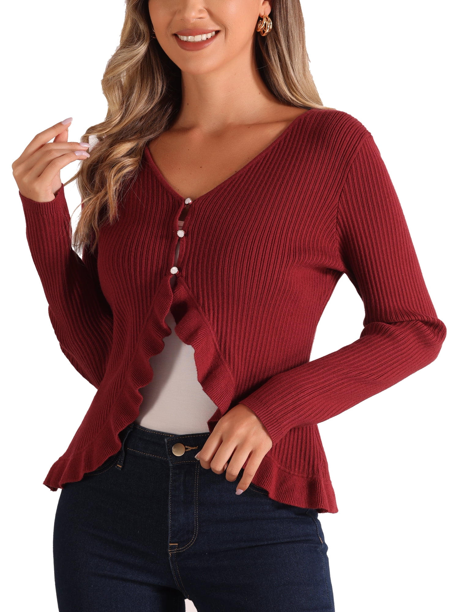 INSPIRE CHIC Long Sleeve Shrug for Women's Buttons Ruffle V Neck ...
