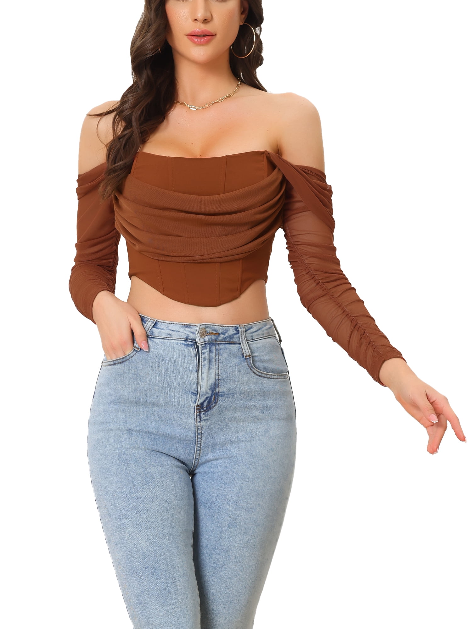 Allegra K Mesh Sheer Long Sleeve Corset Crop Top For Women Ruched Off