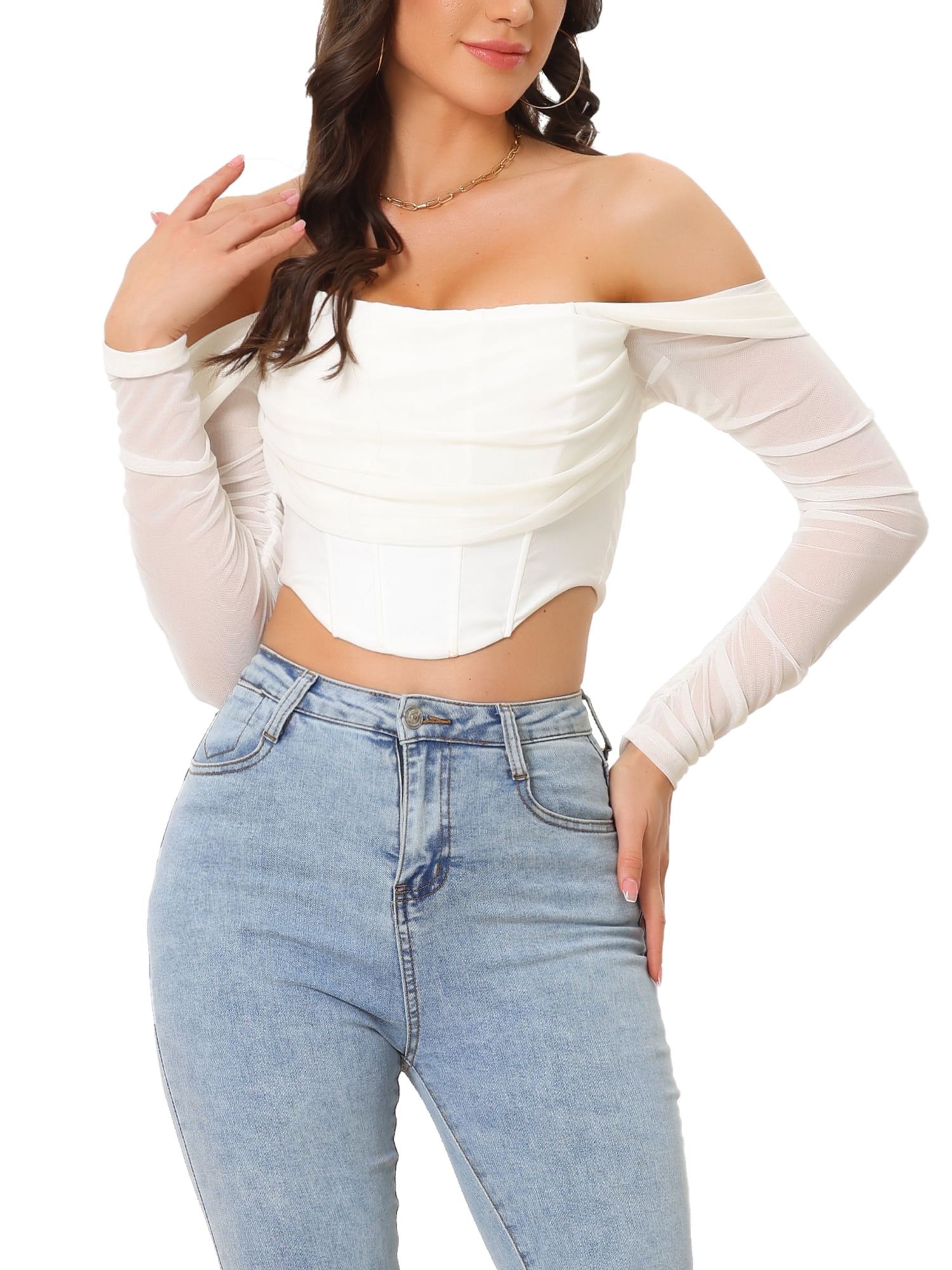 INSPIRE CHIC Mesh Sheer Long Sleeve Corset Crop Top for Women Ruched ...