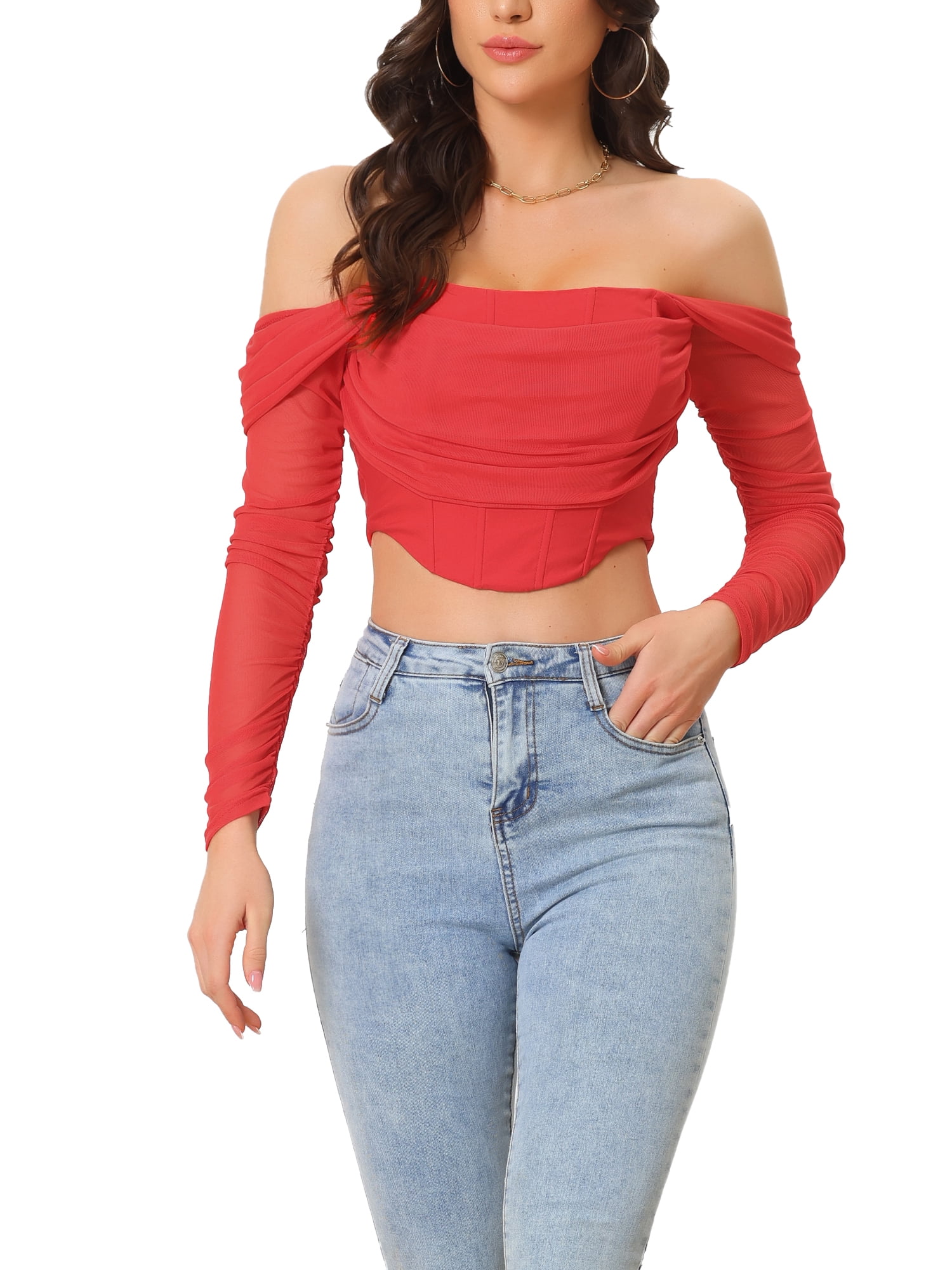 Allegra K Mesh Sheer Long Sleeve Corset Crop Top For Women Ruched Off