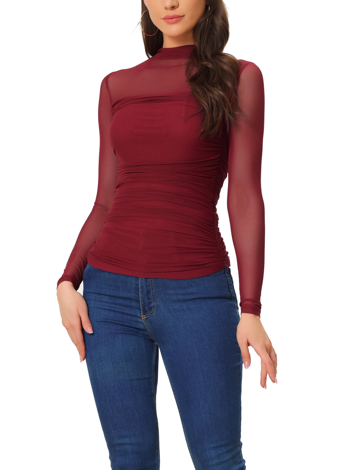 Allegra K Mesh Top for Women's Solid Long Sleeve Mock Neck Sheer Panel ...