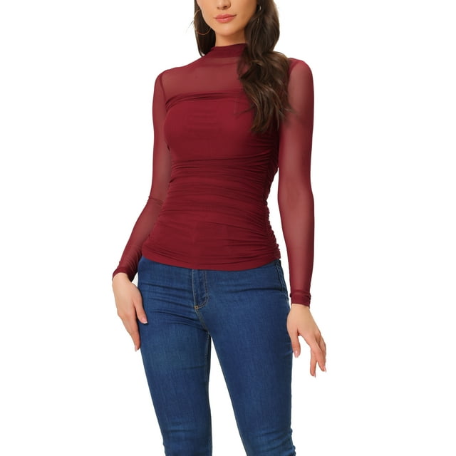 Allegra K Mesh Top for Women's Solid Long Sleeve Mock Neck Sheer Panel ...