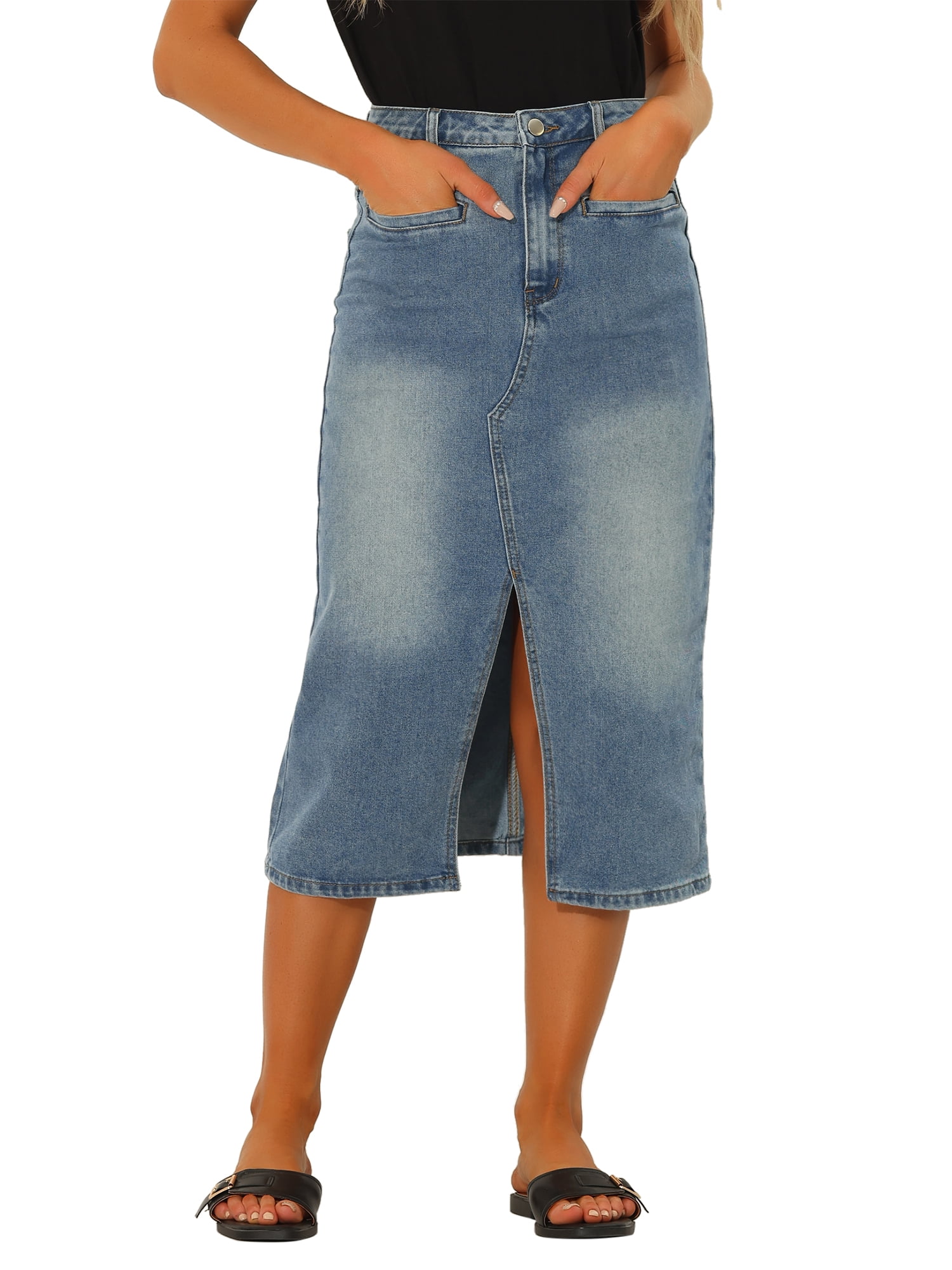INSPIRE CHIC Midi Denim Skirt for Women’s High Waist Slit Front with ...