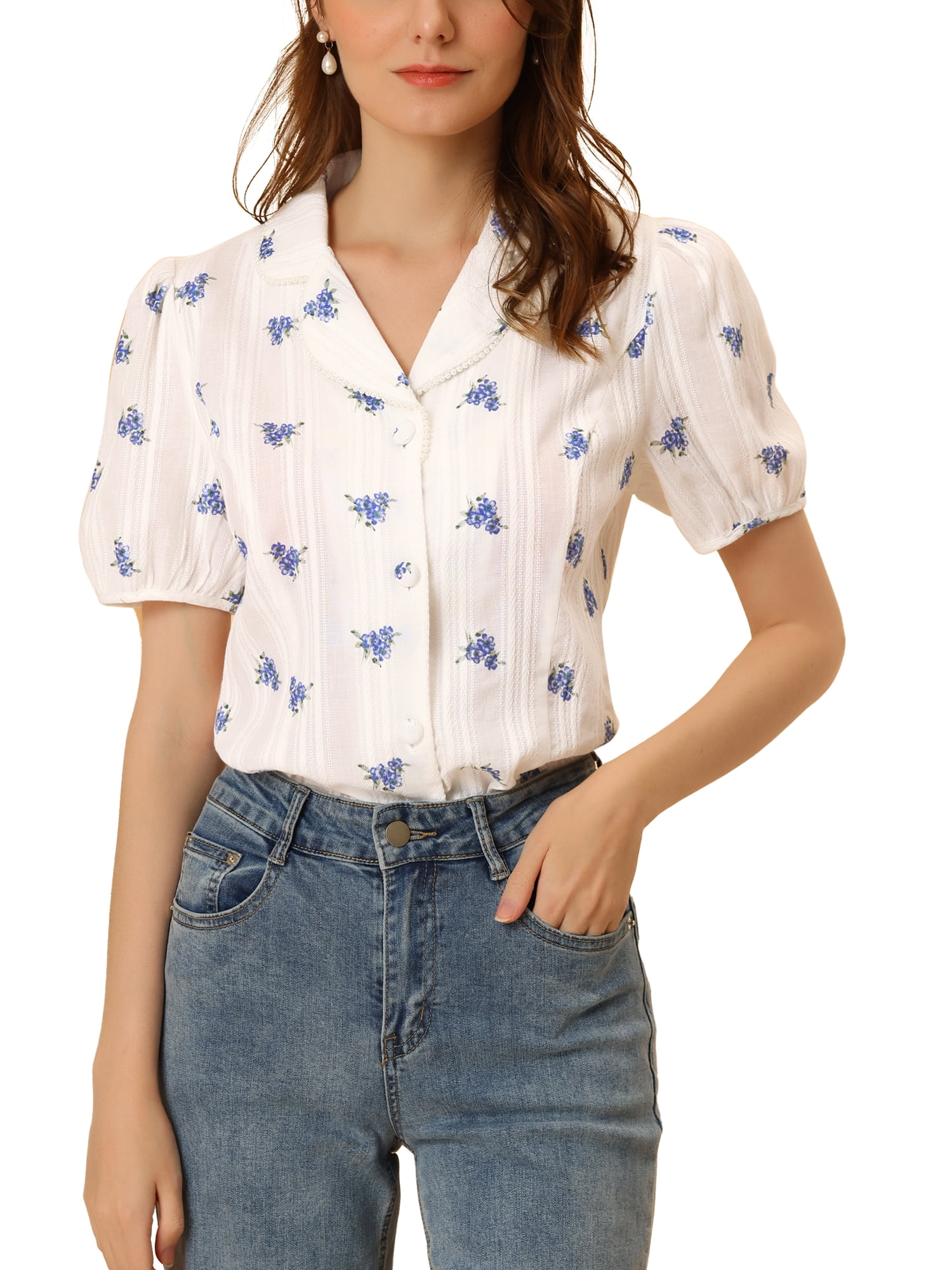 INSPIRE CHIC Notch Collar Floral Shirt White XS - Walmart.com