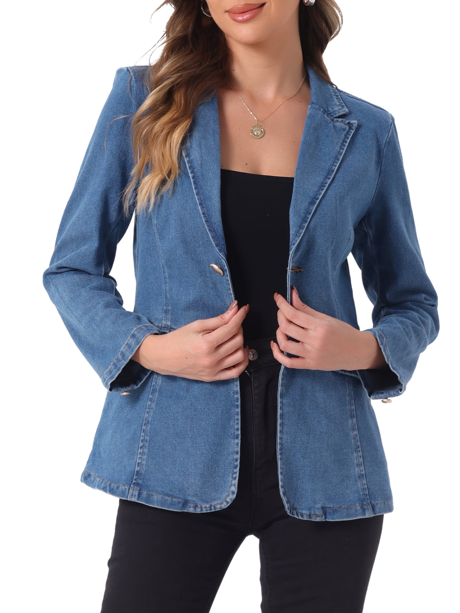INSPIRE CHIC Women's Denim Blazer Notched Lapel Single Breasted ...