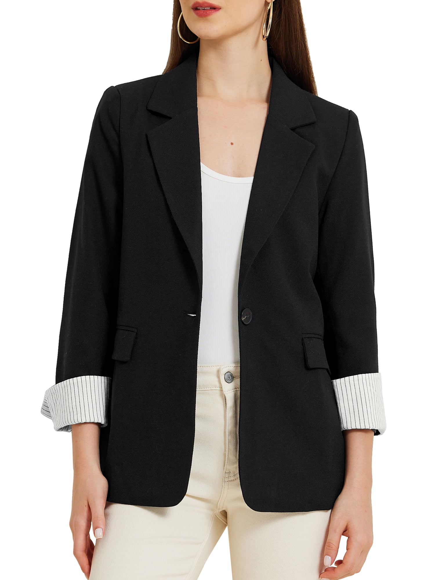 INSPIRE CHIC Notched Lapel One Button Blazer for Women Roll Up Sleeve ...