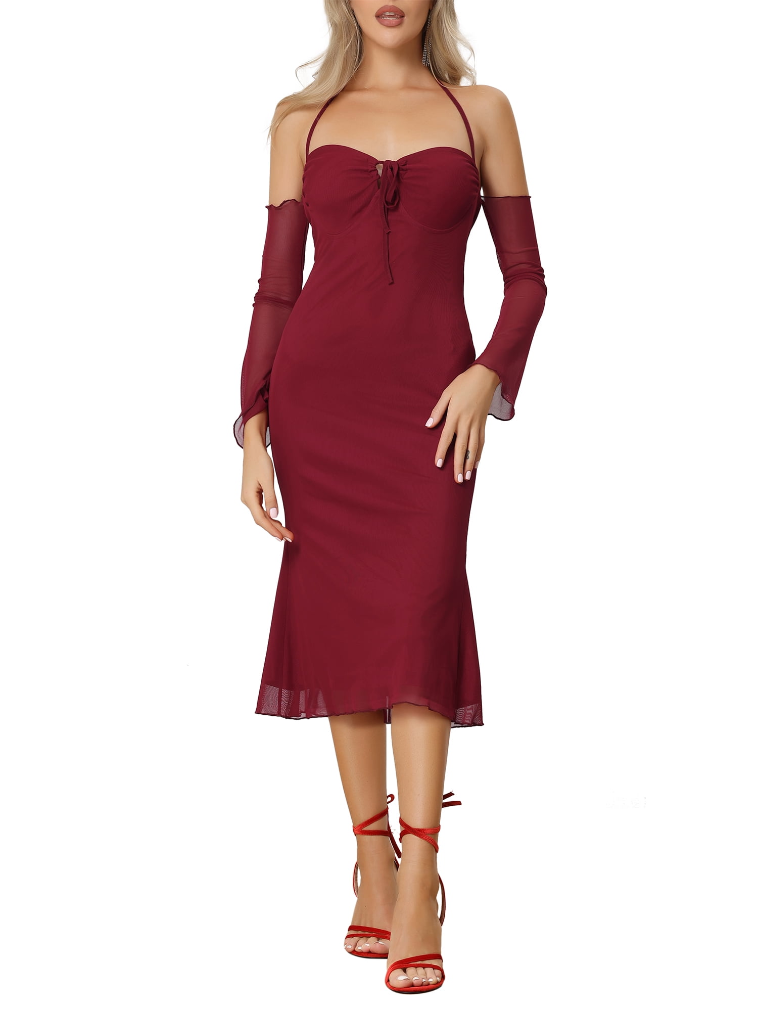 Allegra K Off Shoulder Bodycon Dress for Women's Mesh Sleeves Mermaid ...