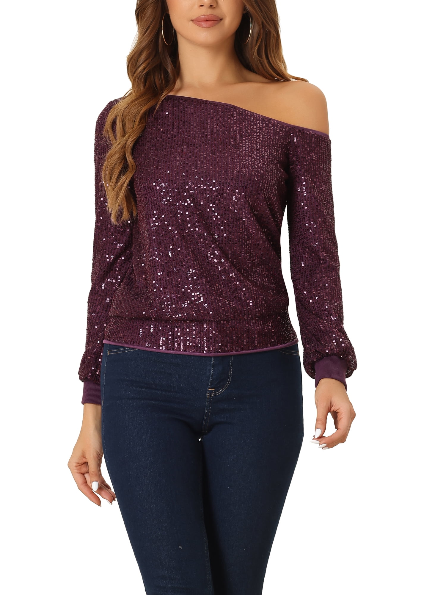 INSPIRE CHIC Off Shoulder Sequins Tops for Women's Long Sleeves Disco ...