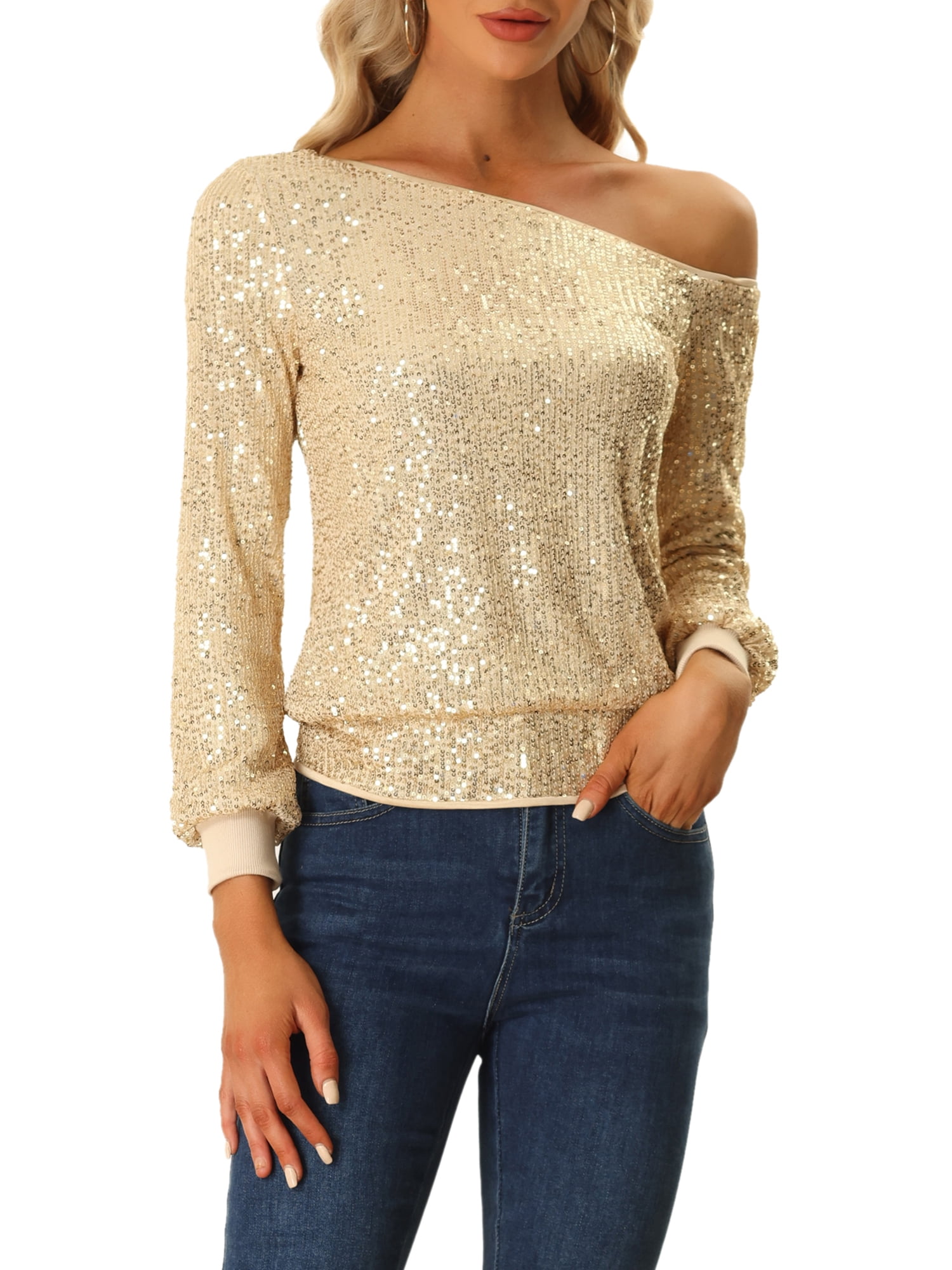 Allegra K Off Shoulder Sequins Tops for Women's Long Sleeves Disco ...