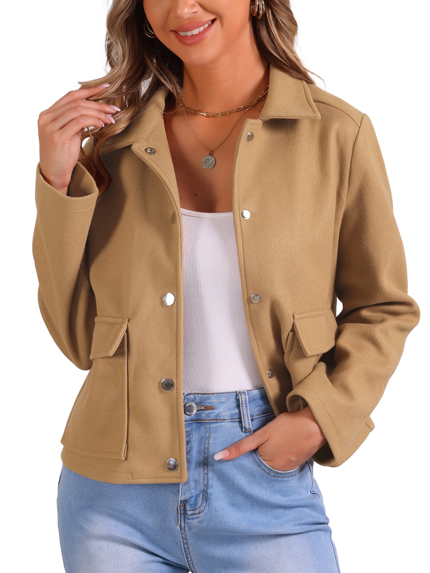 INSPIRE CHIC Outerwear Coat for Women Long Sleeve Button Cropped Jacket Coat XS Khaki - Walmart.com