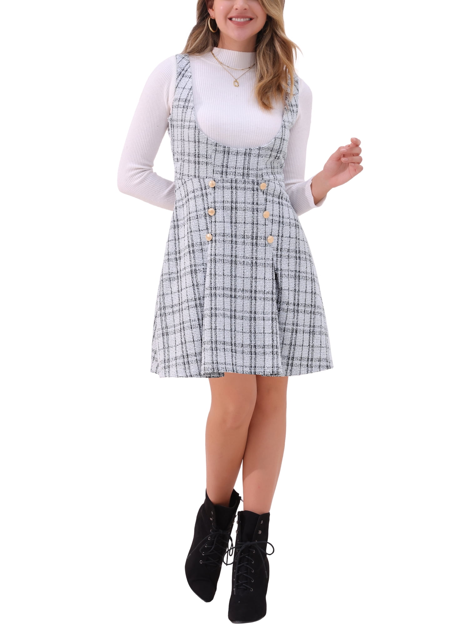 INSPIRE CHIC Women's Dress Pinafore Overall U Neck Tweed Plaid A-Line ...