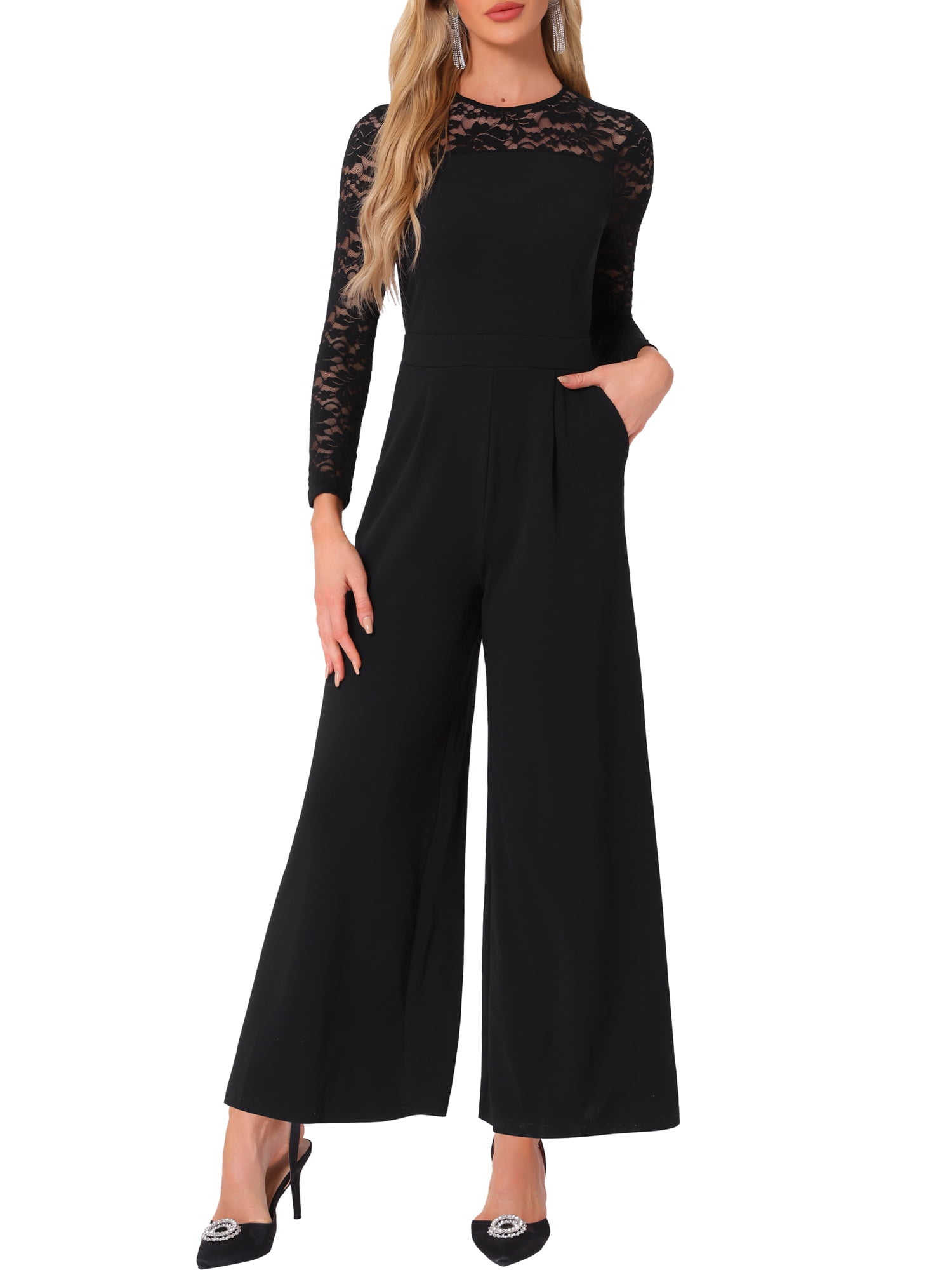 INSPIRE CHIC Party Jumpsuits for Women's Elegant Crew Neck Mesh Lace ...