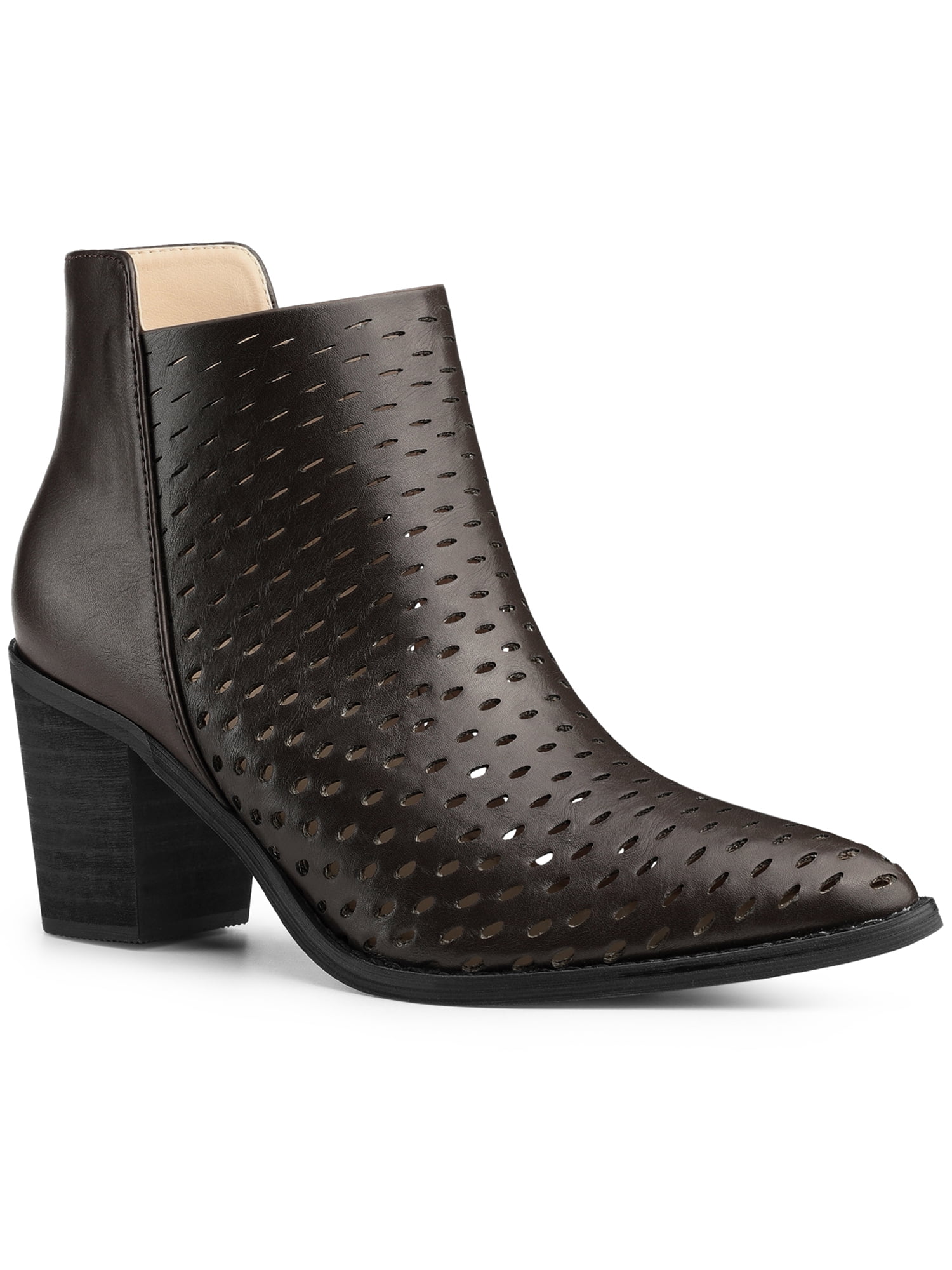 BLISSFUL STEP Perforated Block Heels Zipper Western Ankle Booties for ...