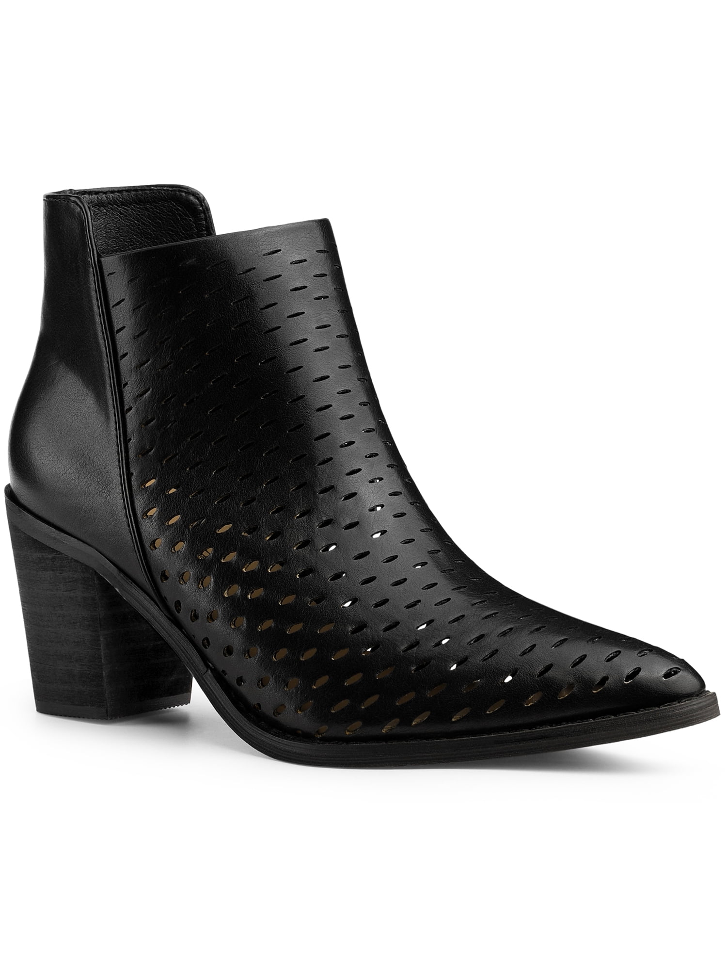 BLISSFUL STEP Perforated Block Heels Zipper Western Ankle Booties for ...