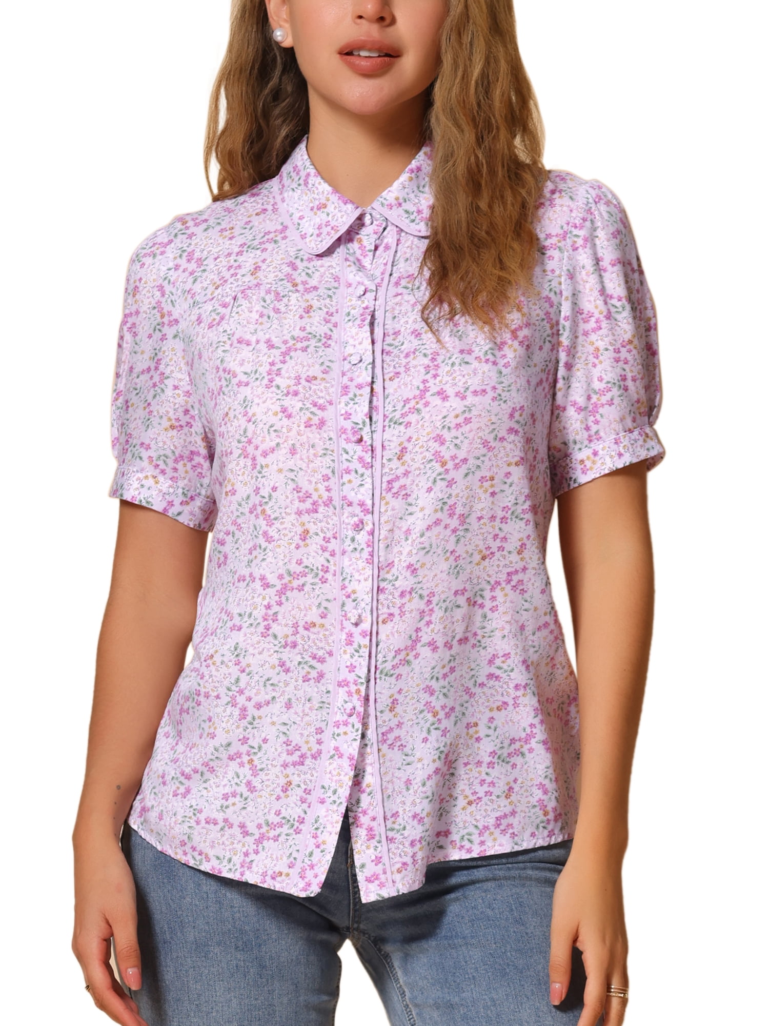 INSPIRE CHIC Peter Pan Collar Blouse for Women's Contrast Trim Puff ...
