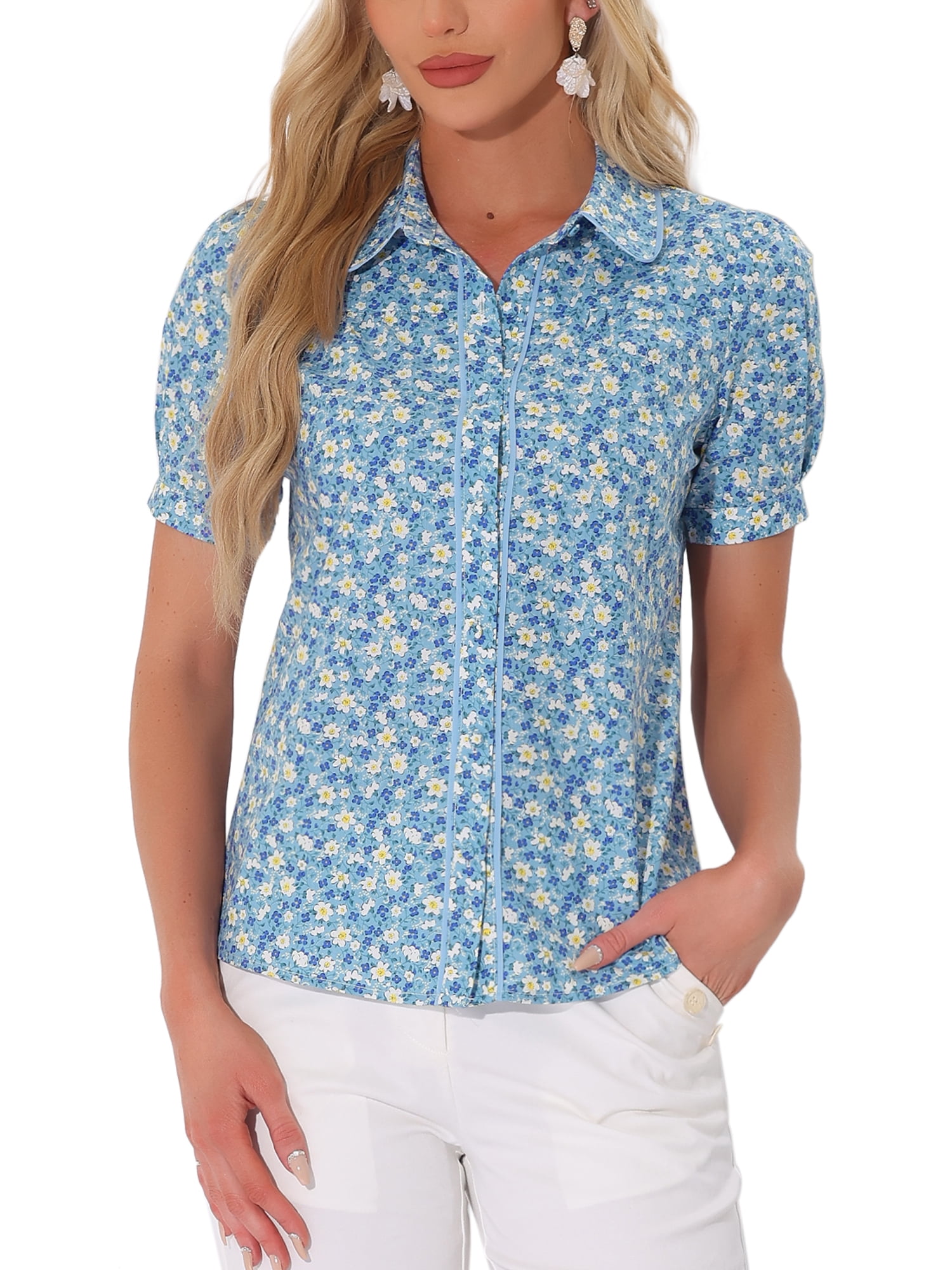 INSPIRE CHIC Peter Pan Collar Blouse for Women's Contrast Trim Puff Sleeve Peasant Floral Shirt ...