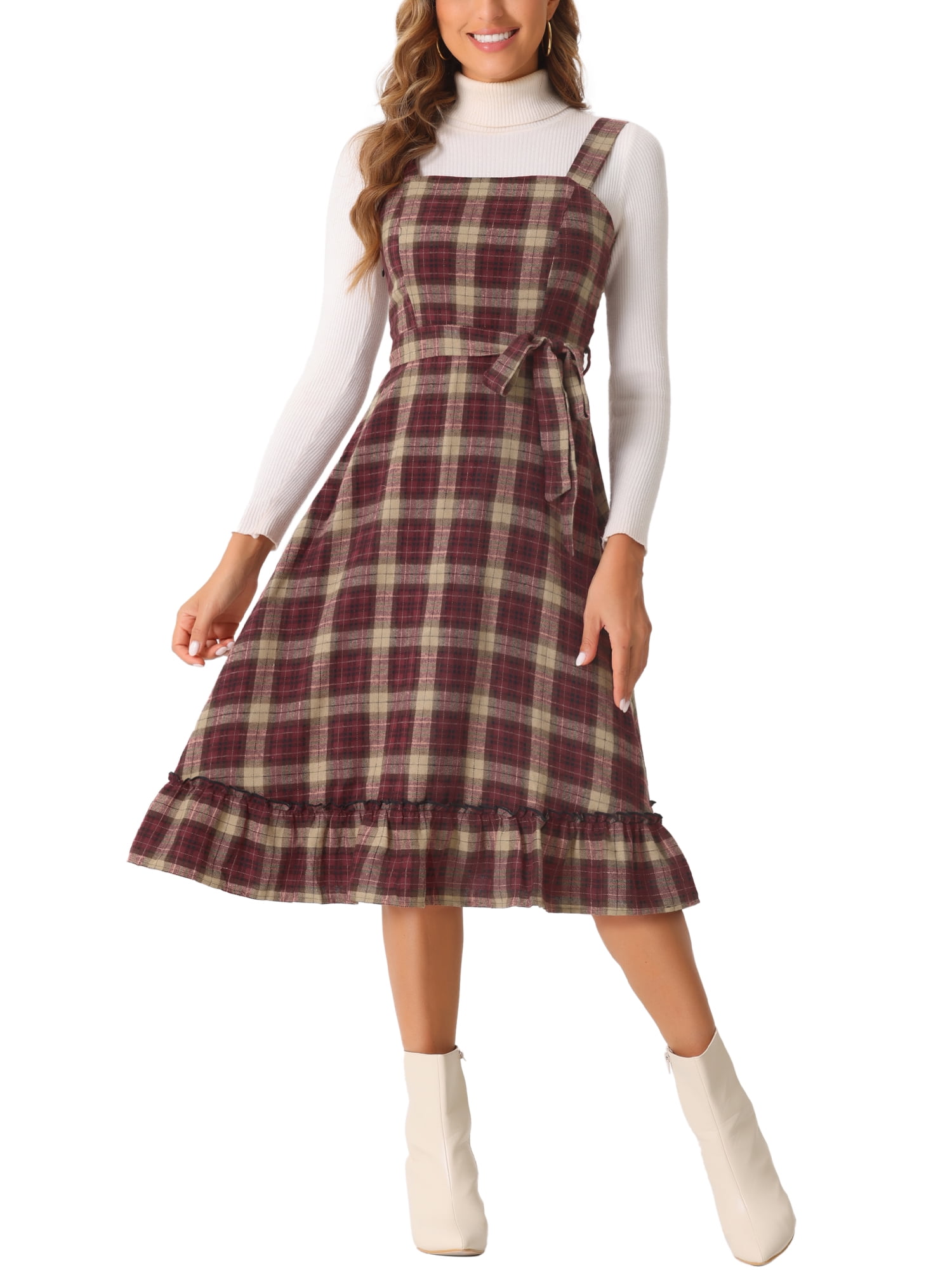 Allegra K Plaid Vintage Dress for Women Ruffled Sleeveless Tie Waist A ...