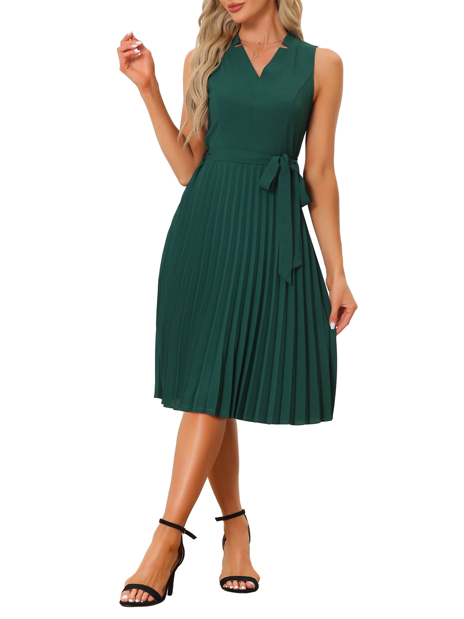 INSPIRE CHIC Pleated Dress for Women's Sleeveless V Neck Tie Waist A ...