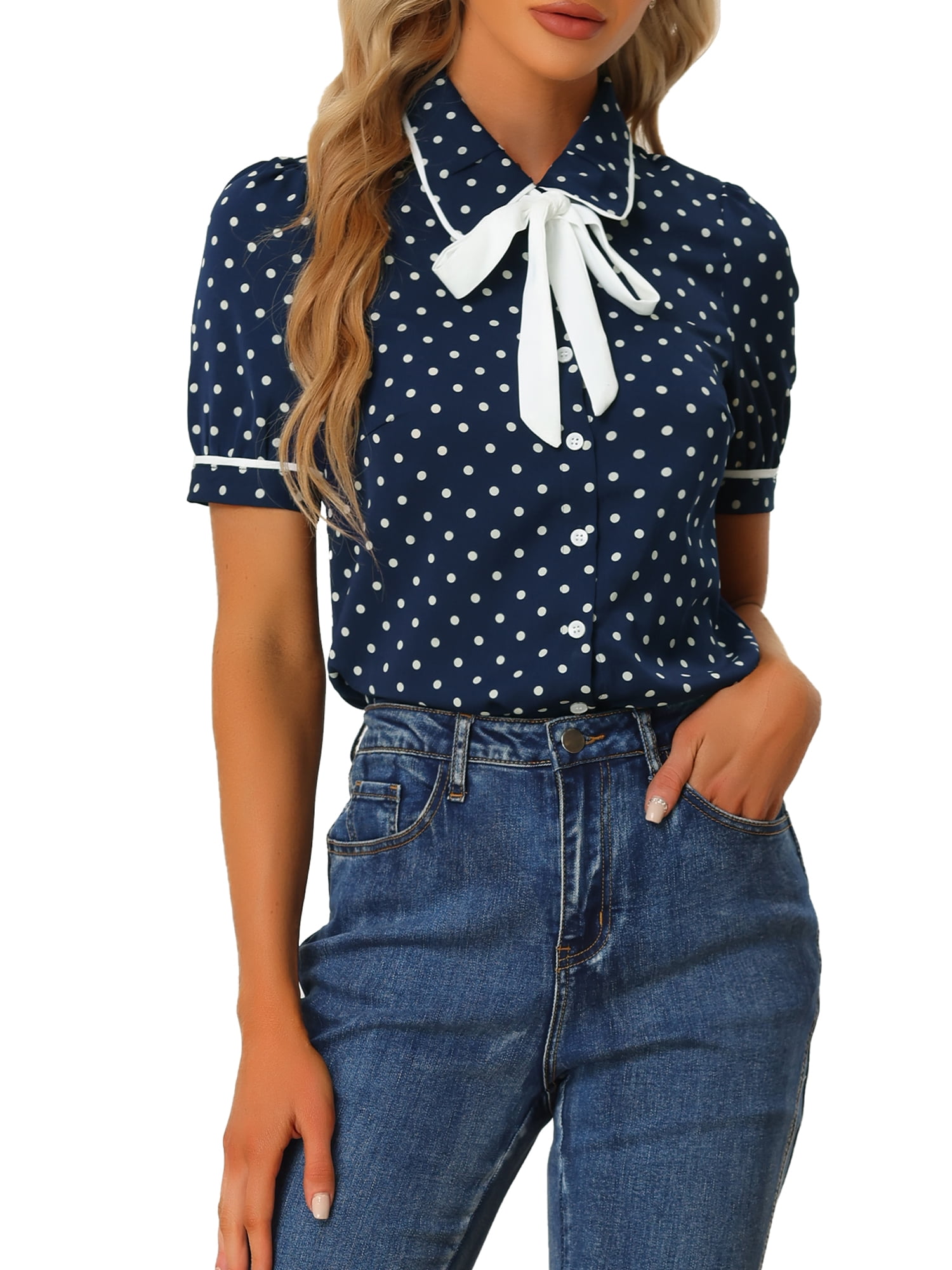 INSPIRE CHIC Polka Dots Blouse for Women's Peter Pan Collar Bow Tie ...