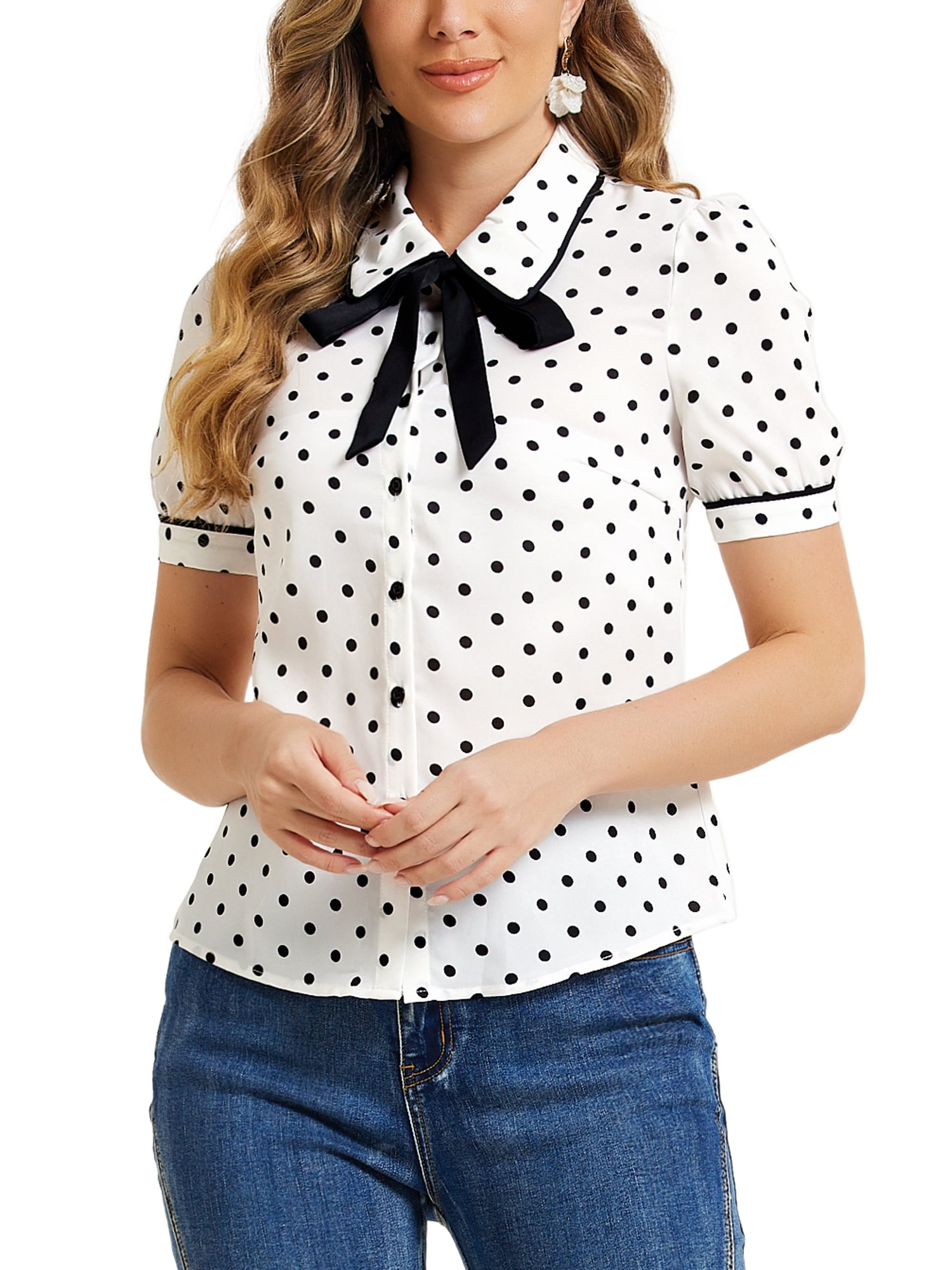 Allegra K Polka Dots Blouse for Women's Peter Pan Collar Bow Tie Neck ...