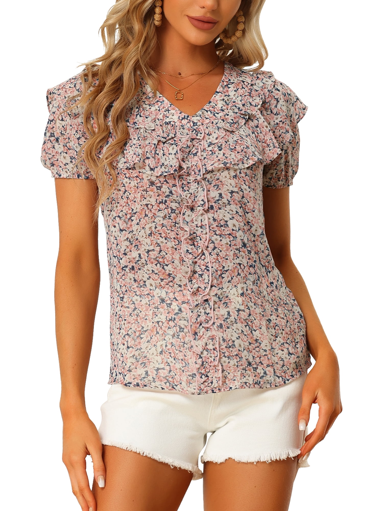 Allegra K Ruffle Tops for Juniors V Neck Short Sleeve Casual Button ...