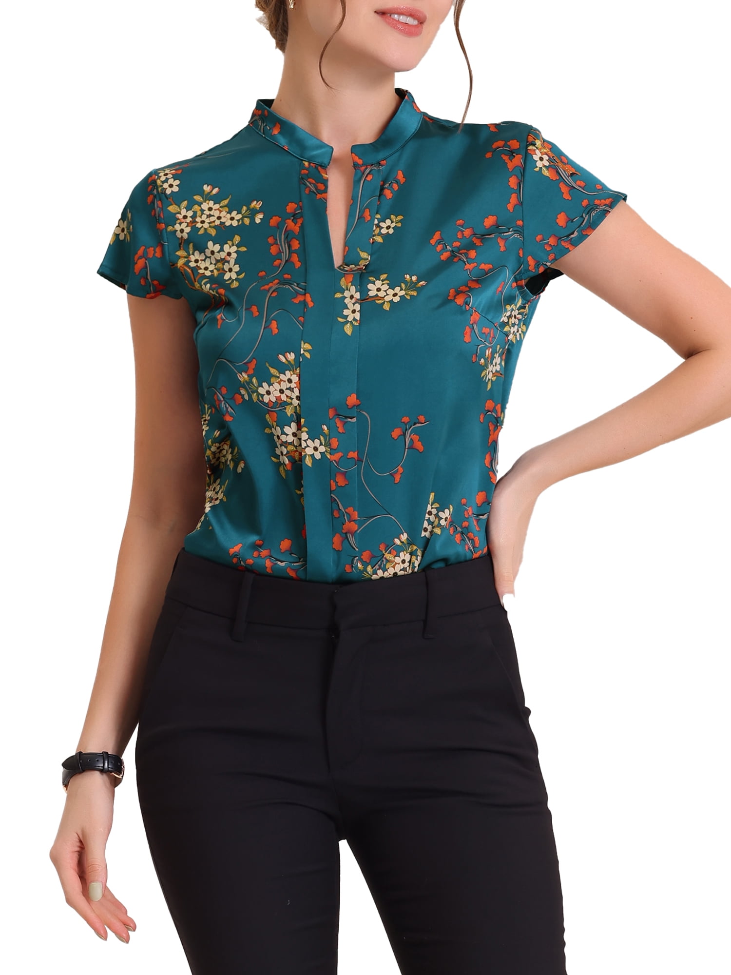Allegra K Women's Stand Collar Floral Satin Blouse, Silky Office ...