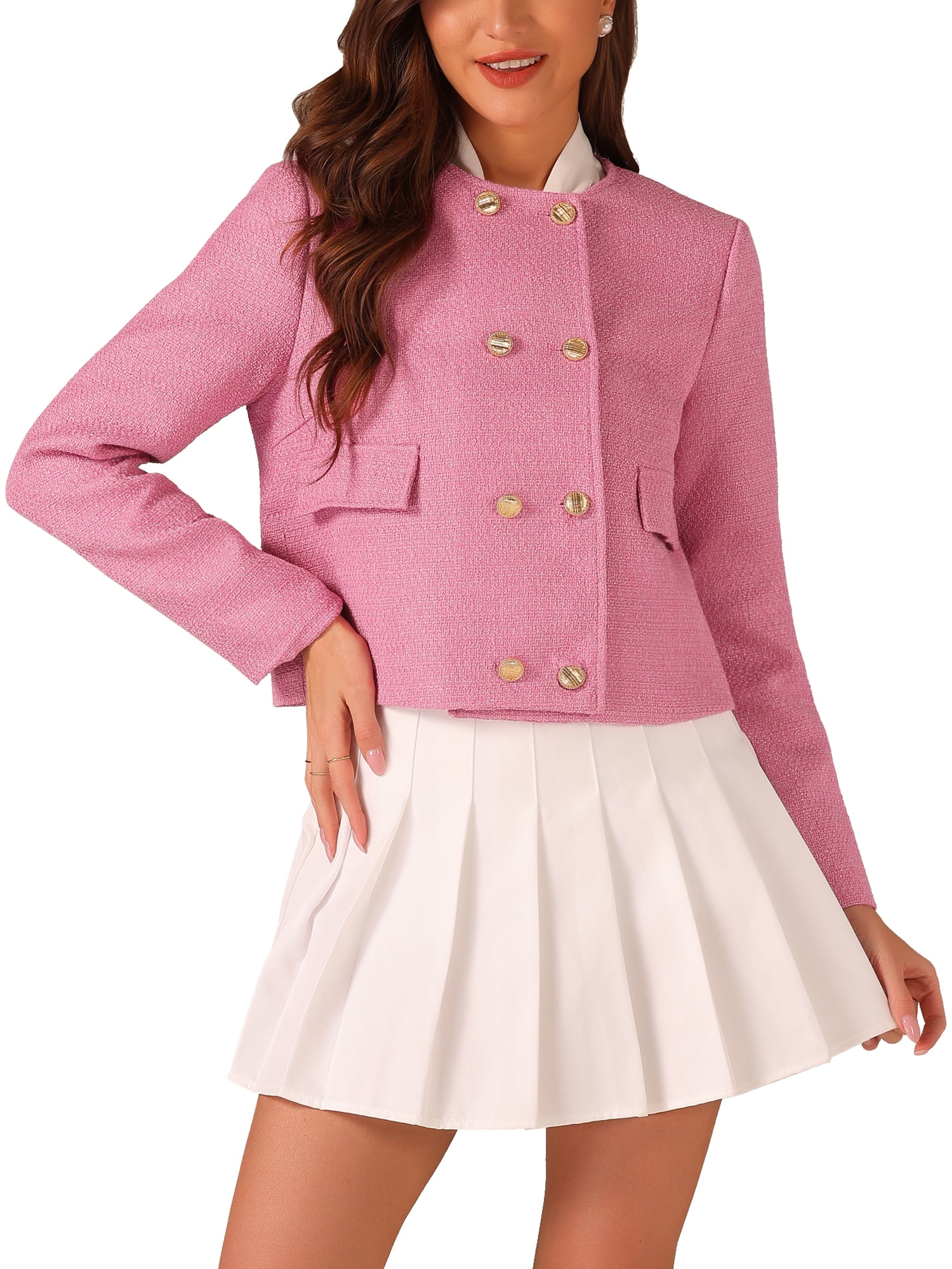 INSPIRE CHIC Scoop Neck Jacket for Women's Tweed Double-breasted Long ...