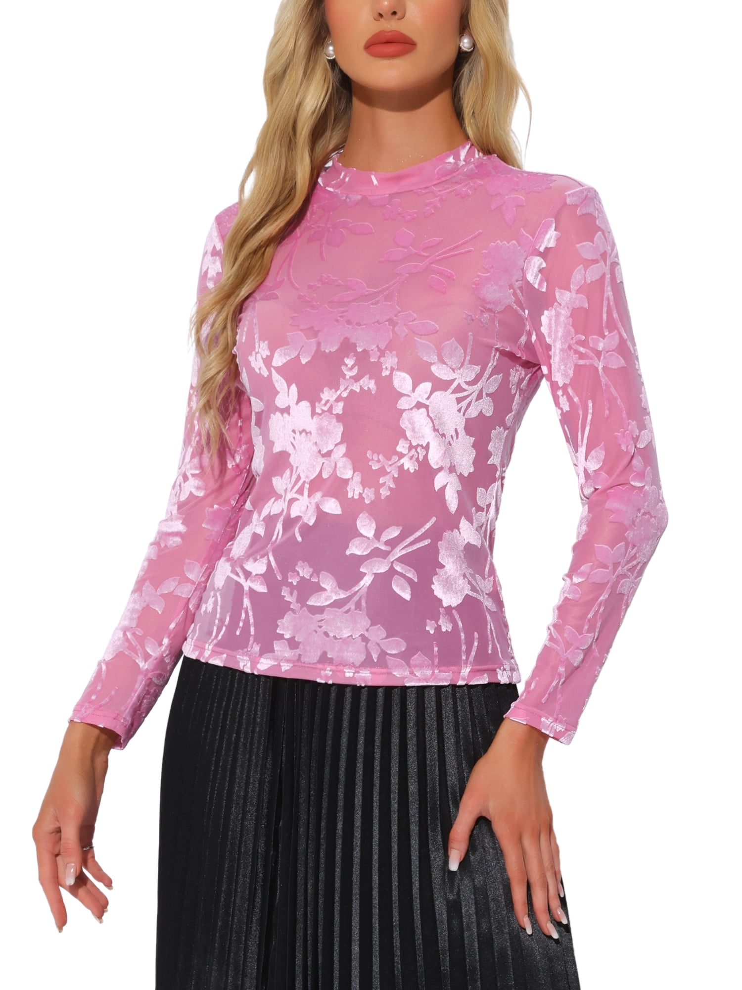 Allegra K See Through Mesh Top for Women's Mock Neck Velvet Floral ...