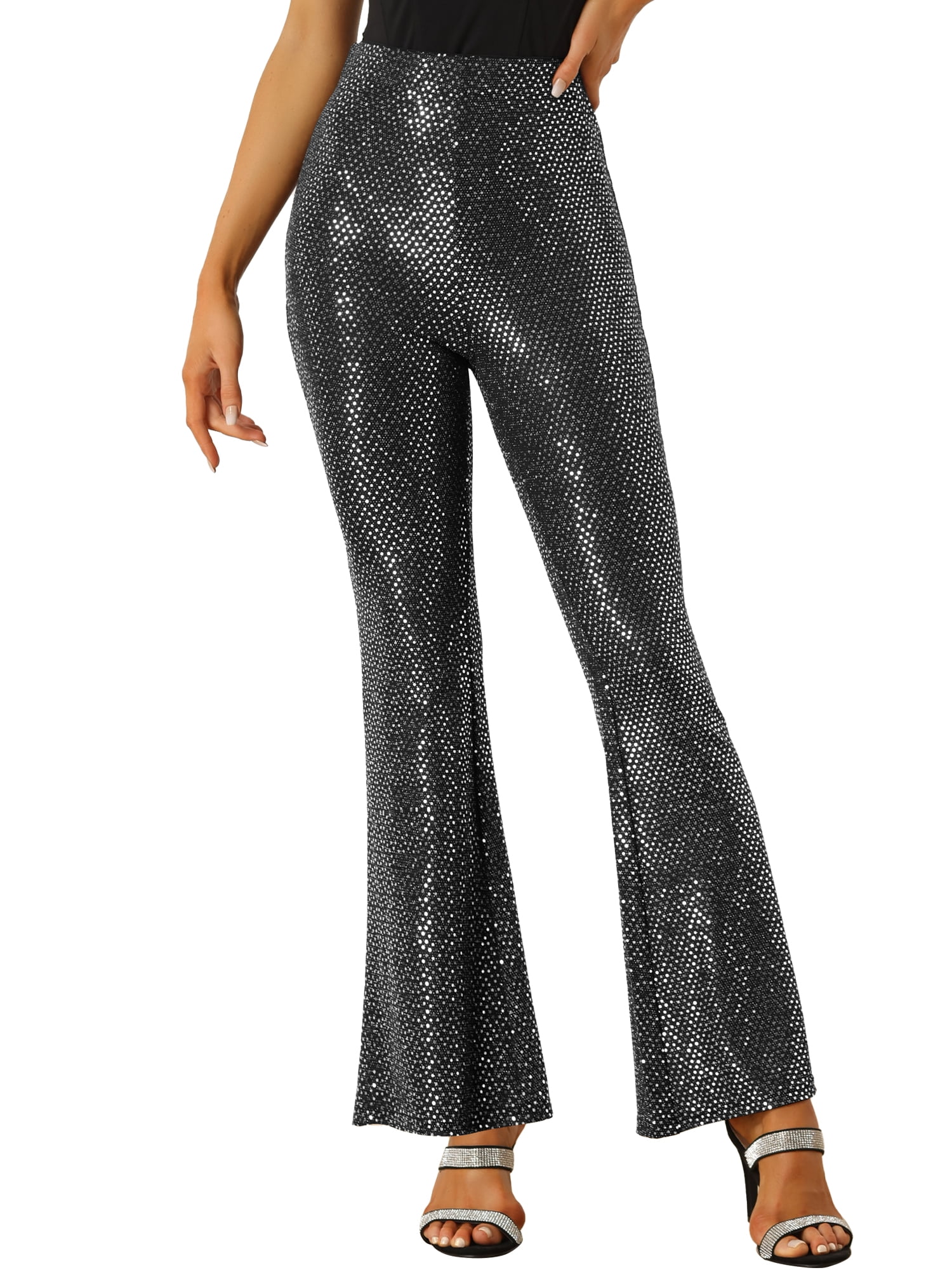 INSPIRE CHIC Women's Pant Sequin Sparkle Stretch Shiny Glitter Flare Bell Bottoms Pants L Silver ...