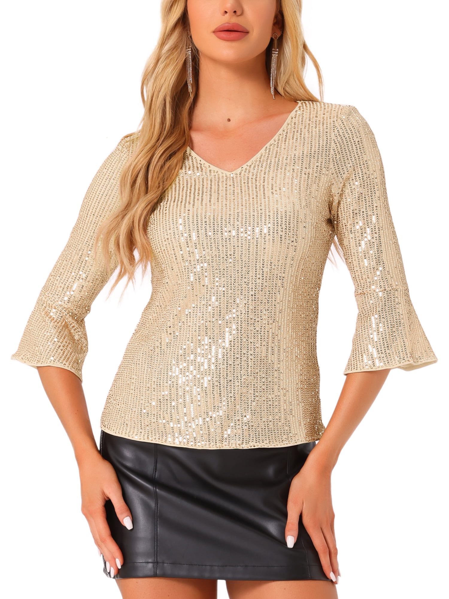 INSPIRE CHIC Sequin Top for Women's 3/4 Bell Sleeve V Neck Metallic ...