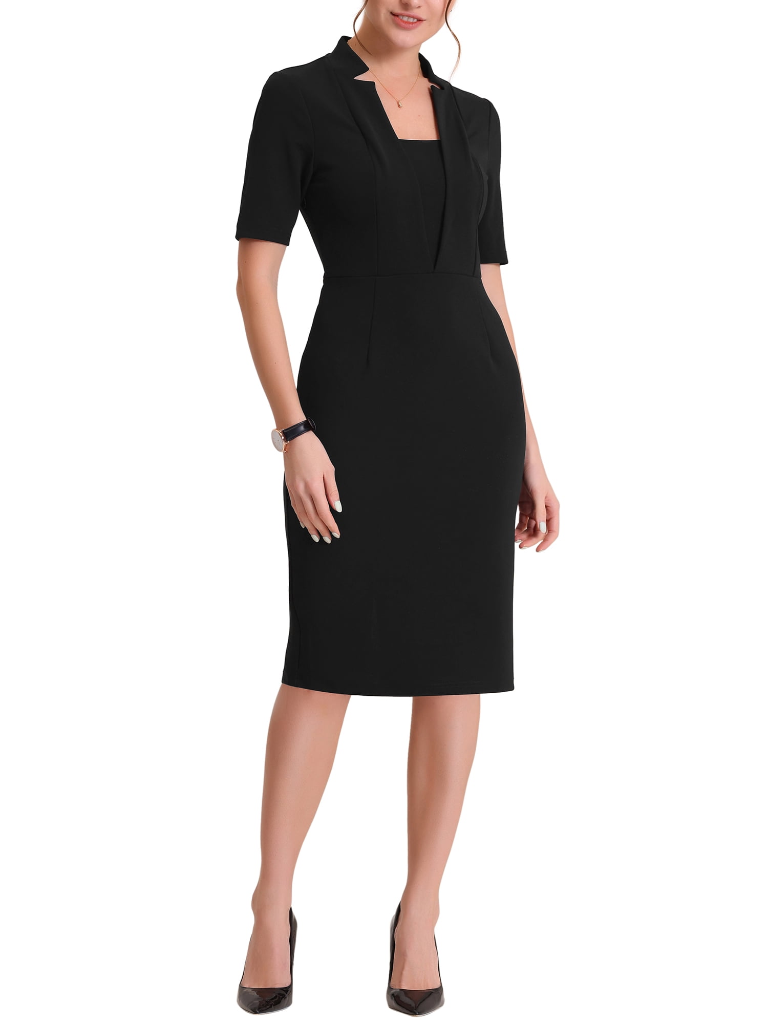 Allegra K Women's V Neck Short Sleeve Sheath Bodycon Midi Dress, Black ...