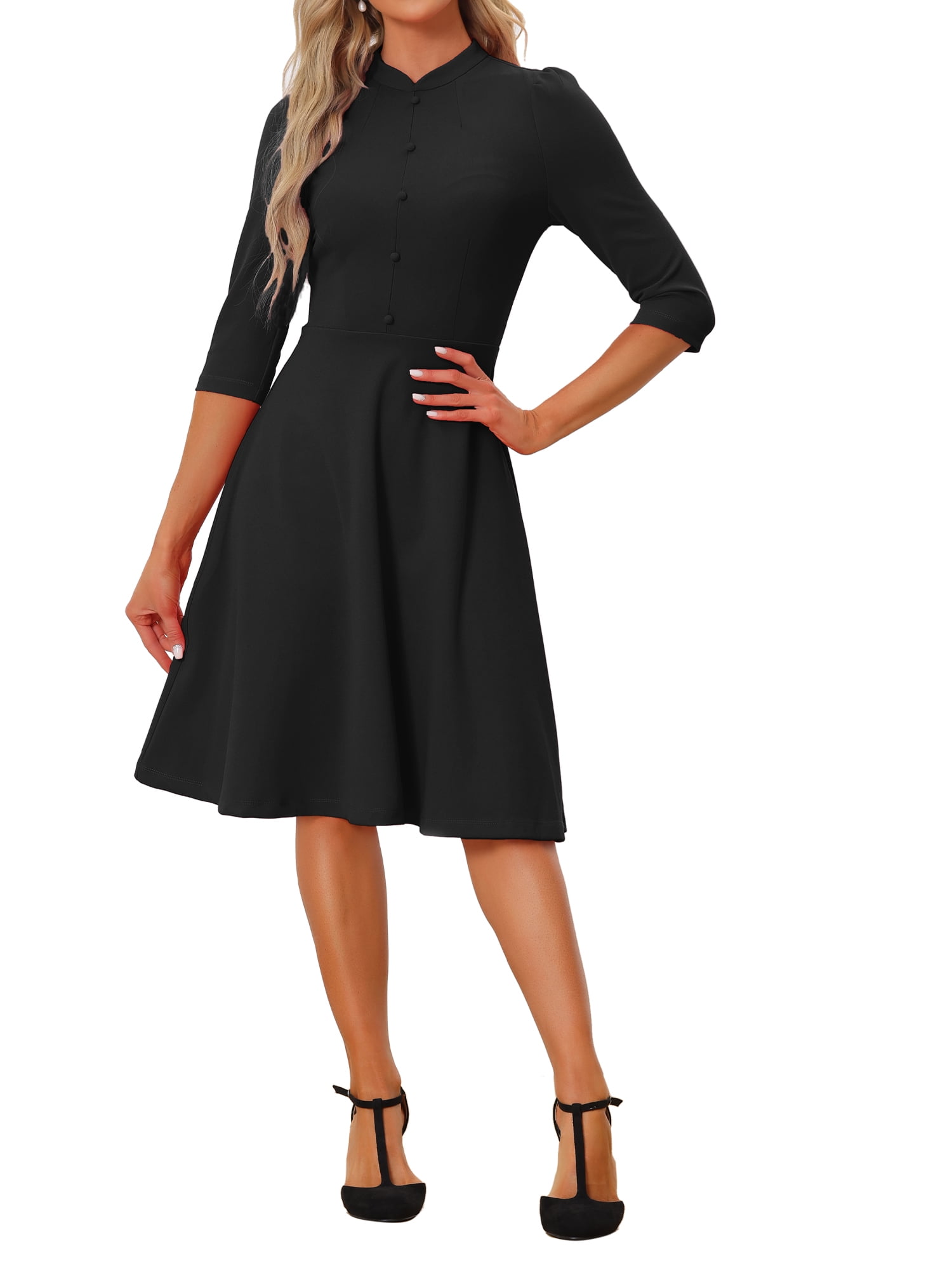 INSPIRE CHIC Women's Vintage Dress 3/4 Sleeves Stand Collar Office A ...