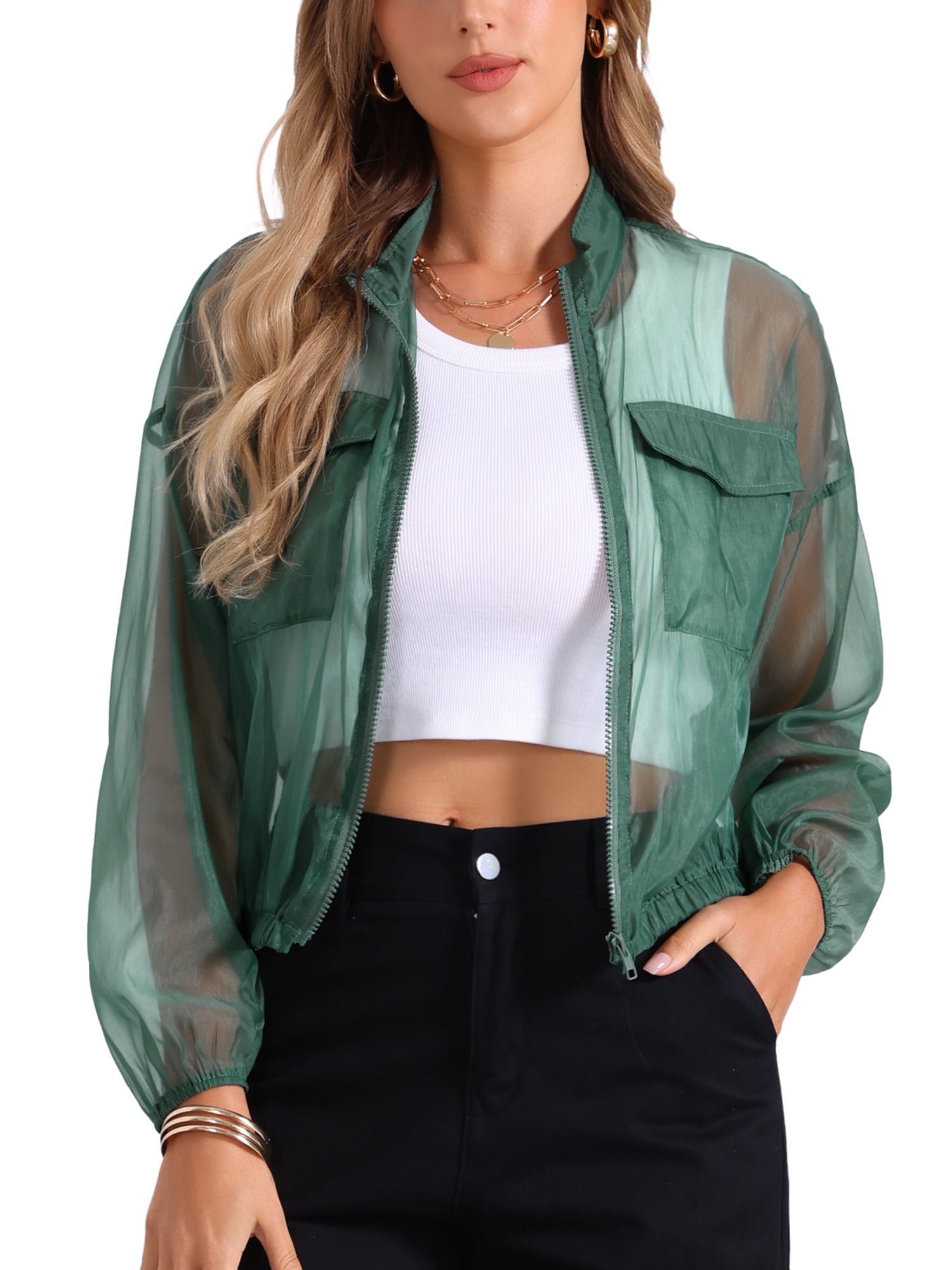 INSPIRE CHIC Sheer Bomber Jacket for Women's Zip Up Long Sleeve See ...