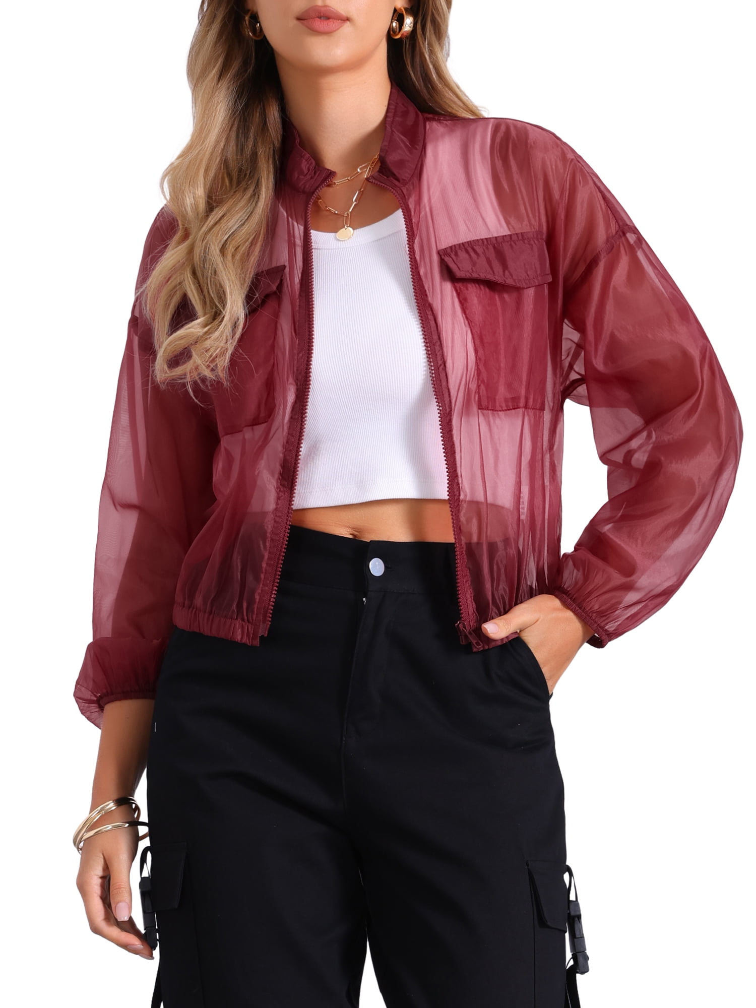 INSPIRE CHIC Sheer Bomber Jacket for Women's Zip Up Long Sleeve See Through Jackets S Wine Red ...