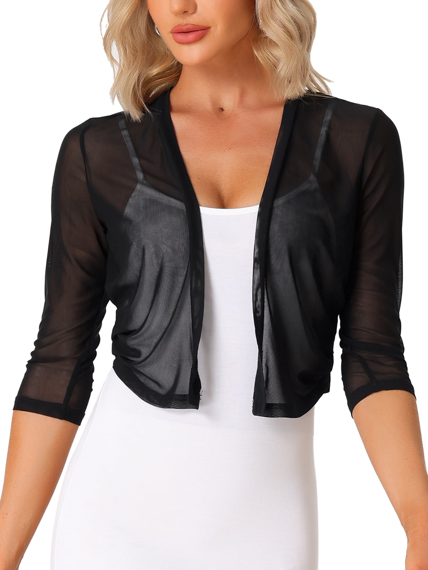 INSPIRE CHIC Women's Sheer Mesh Bolero Shrugs 3/4 Sleeve Lightweight Elegant Cropped Cardigan ...