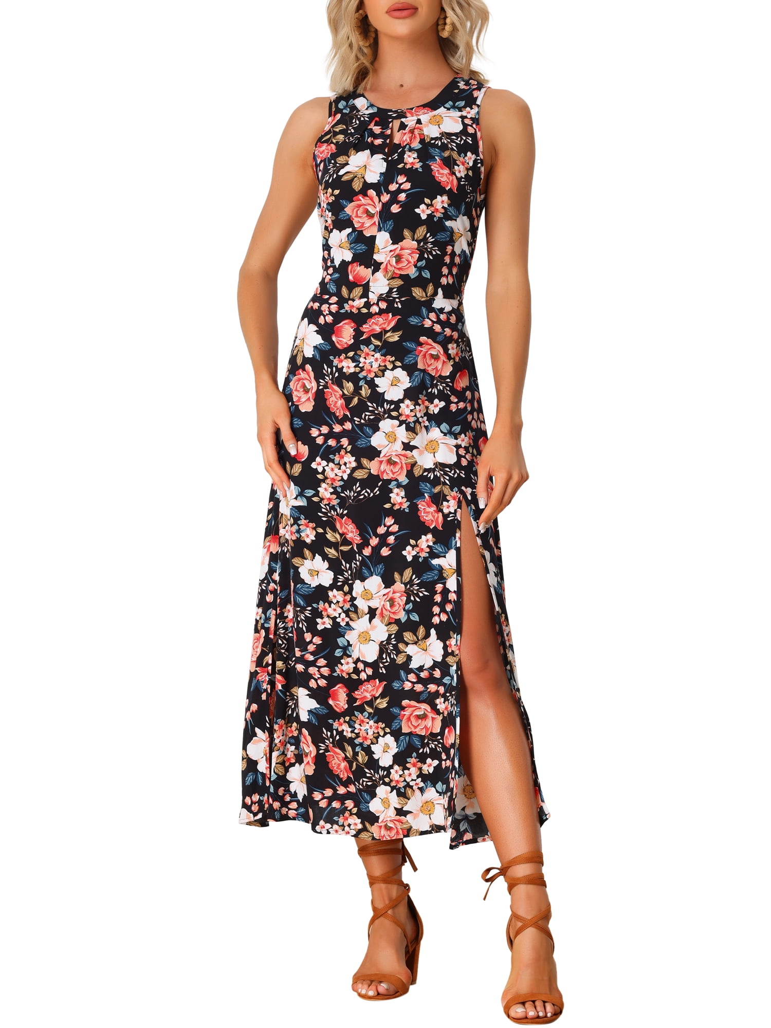 Allegra K Sleeveless Floral Dress for Women's Split Hem Keyhole Flowy ...