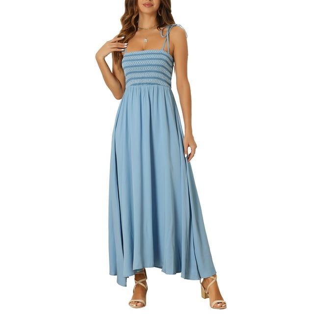 Allegra K Smocked Dress for Women's Square Neck Boho Spaghetti Strap ...