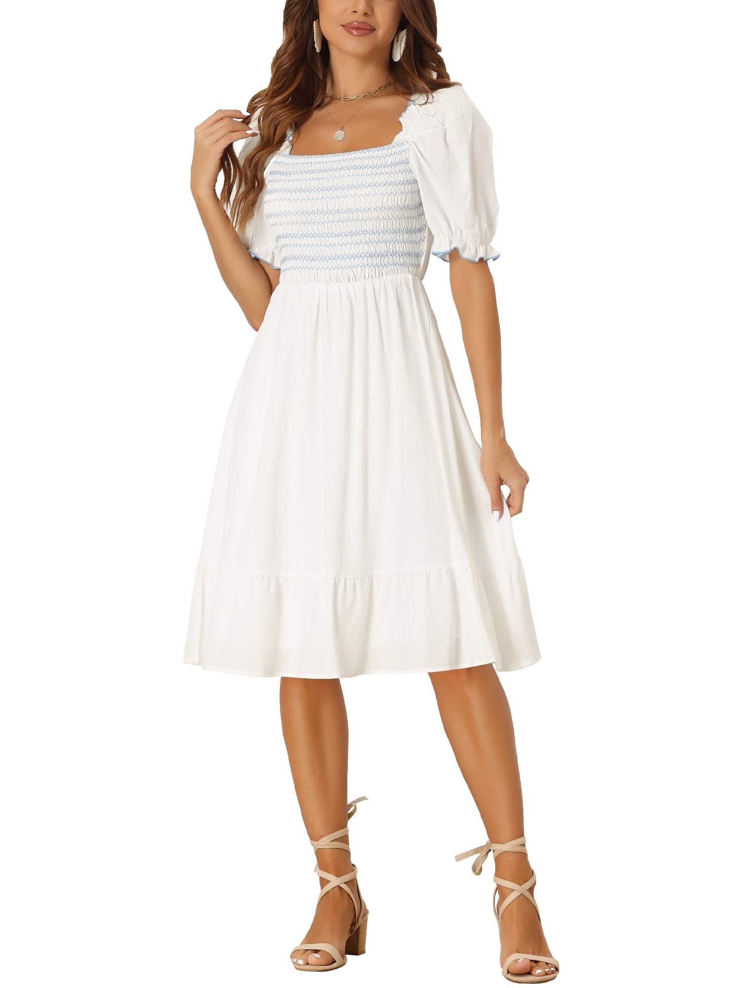 INSPIRE CHIC Smocked Dress for Women's Square Neck Puff Short Sleeve ...