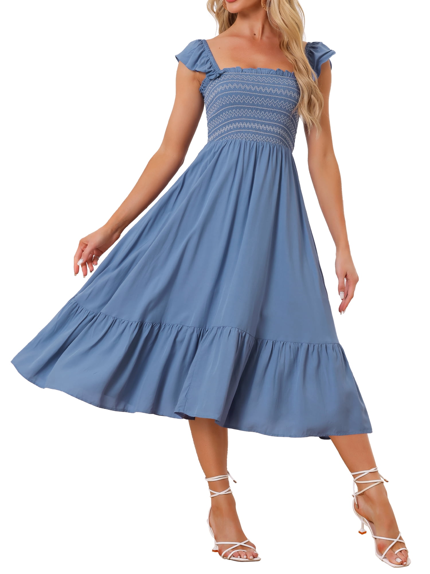 Allegra K Boho Midi Dress for Women's Square Neck Ruffle Tiered Flowy ...