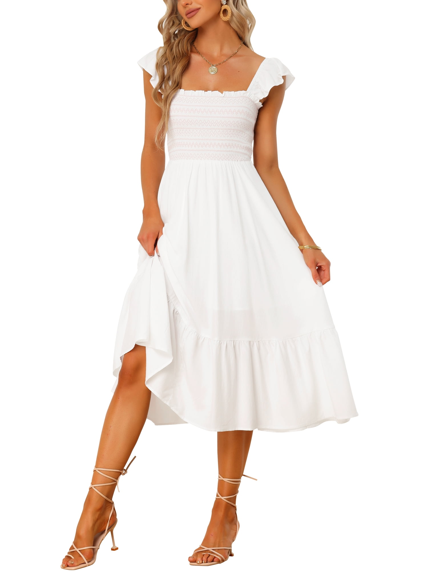 Allegra K Boho Midi Dress for Women's Square Neck Ruffle Tiered Flowy ...