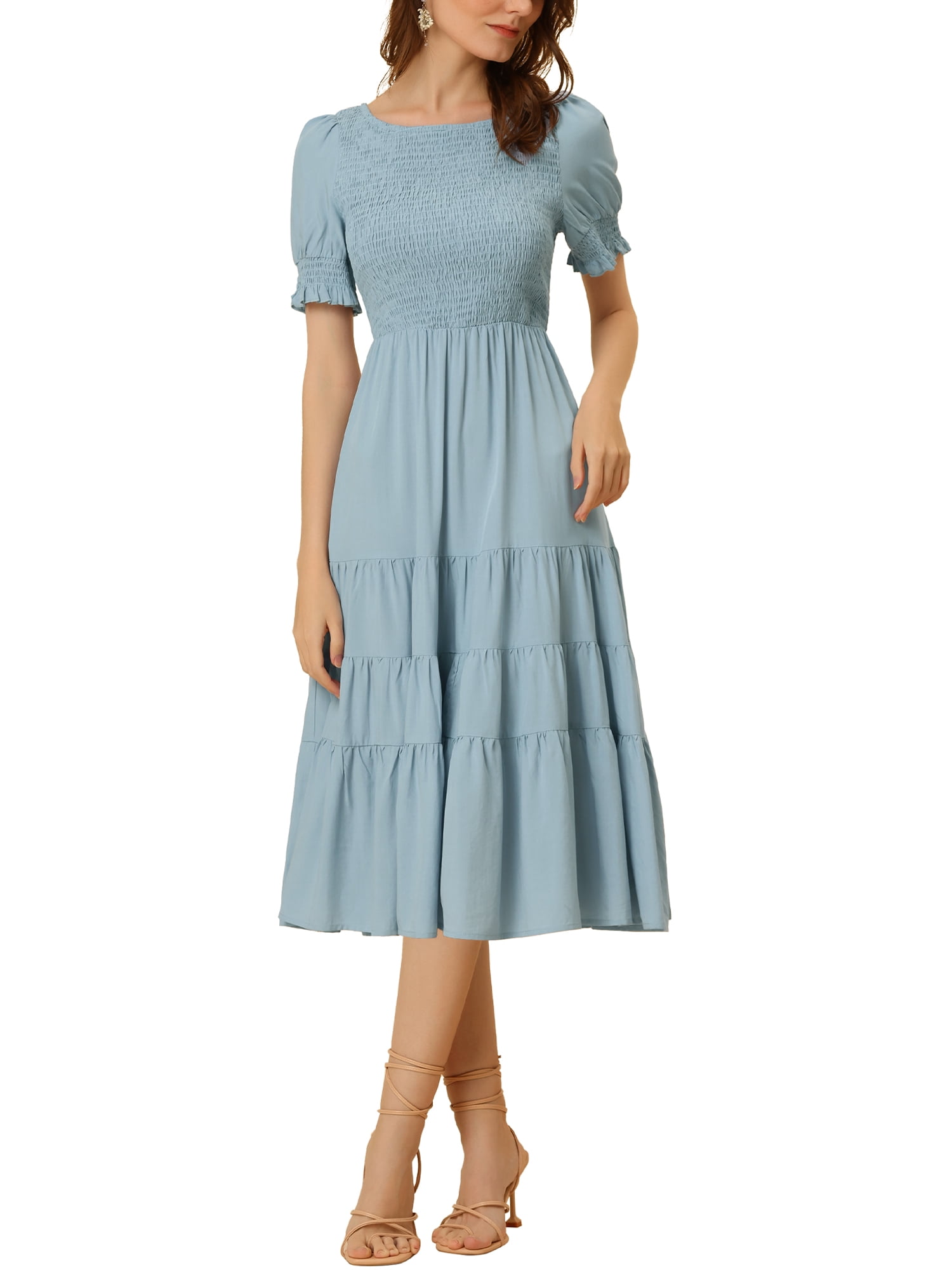 Allegra K Women's Midi Dress with Round Neck, Elastic Puff Sleeve ...