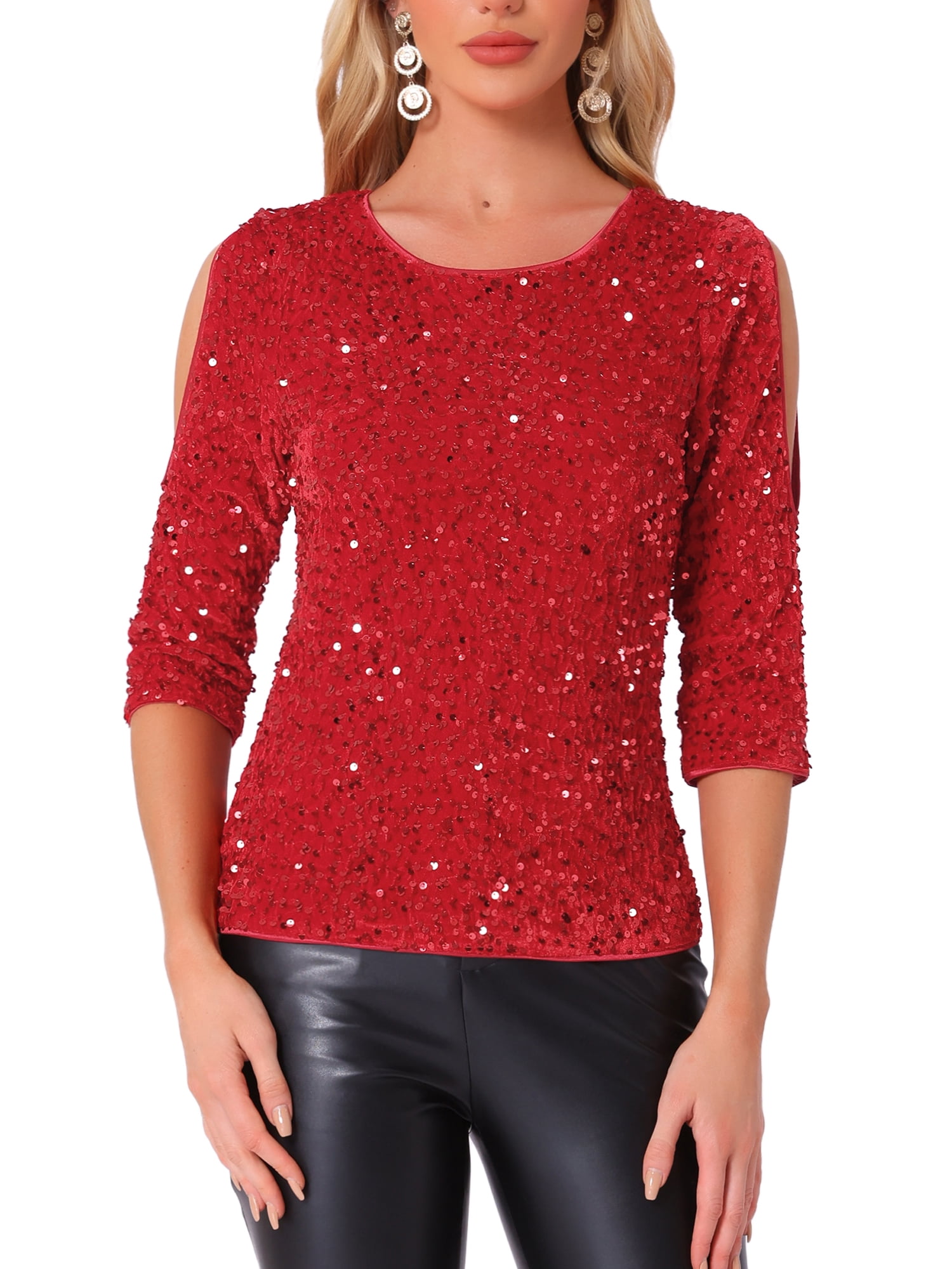 Allegra K Sparkle Sequin Velvet Tops for Women's Cut Out Half Sleeve ...